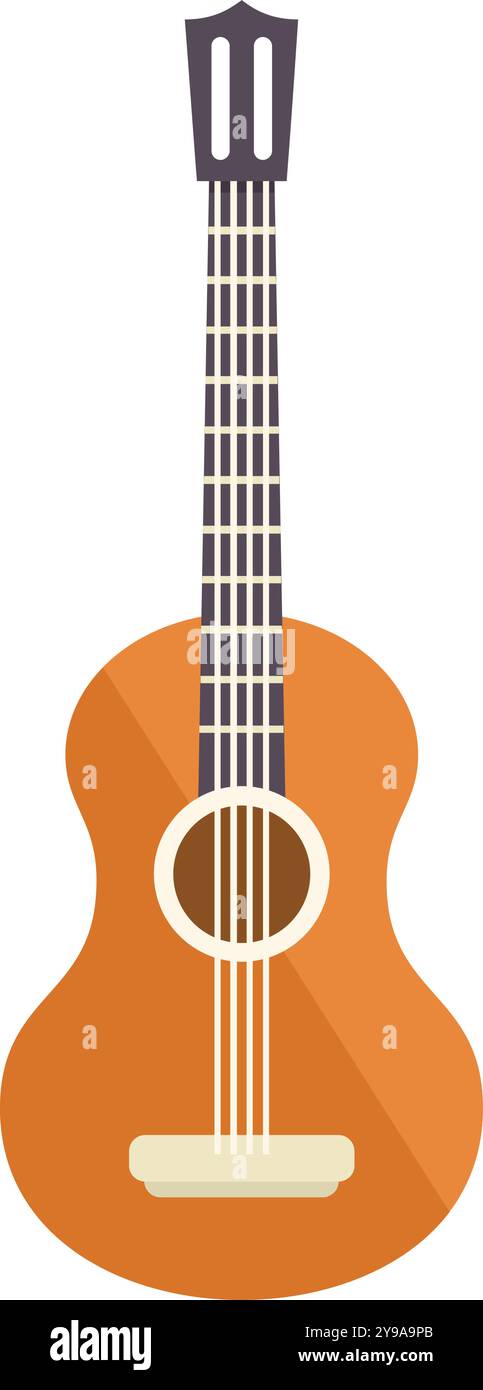 Acoustic guitar with six strings standing up on a white background ...