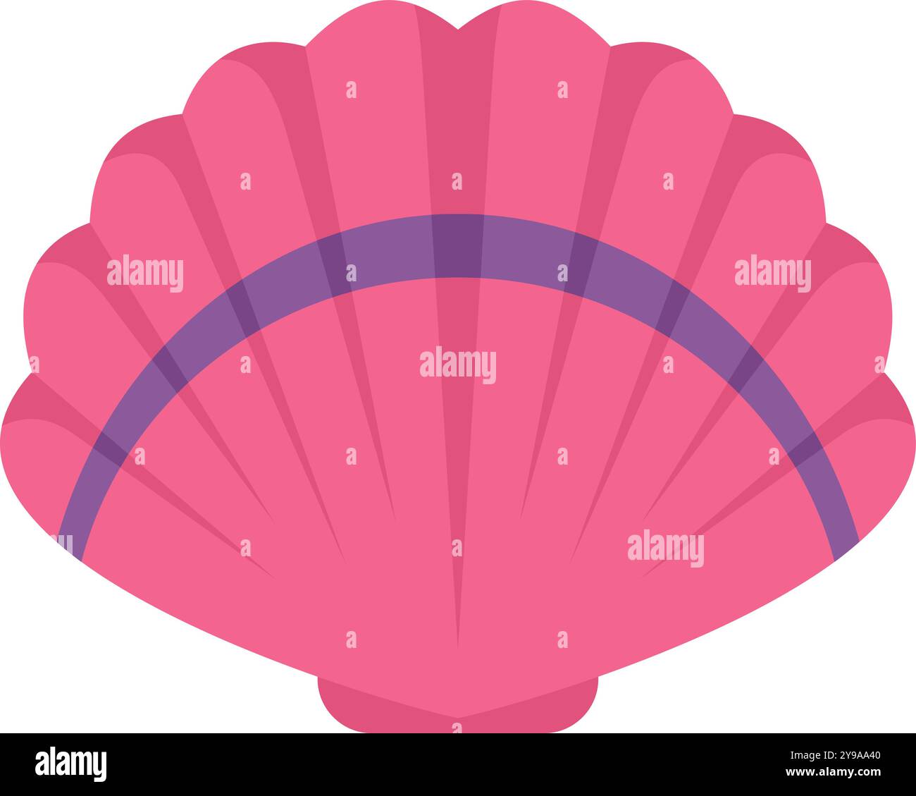 Pink scallop seashell with a purple stripe is depicted in a flat ...