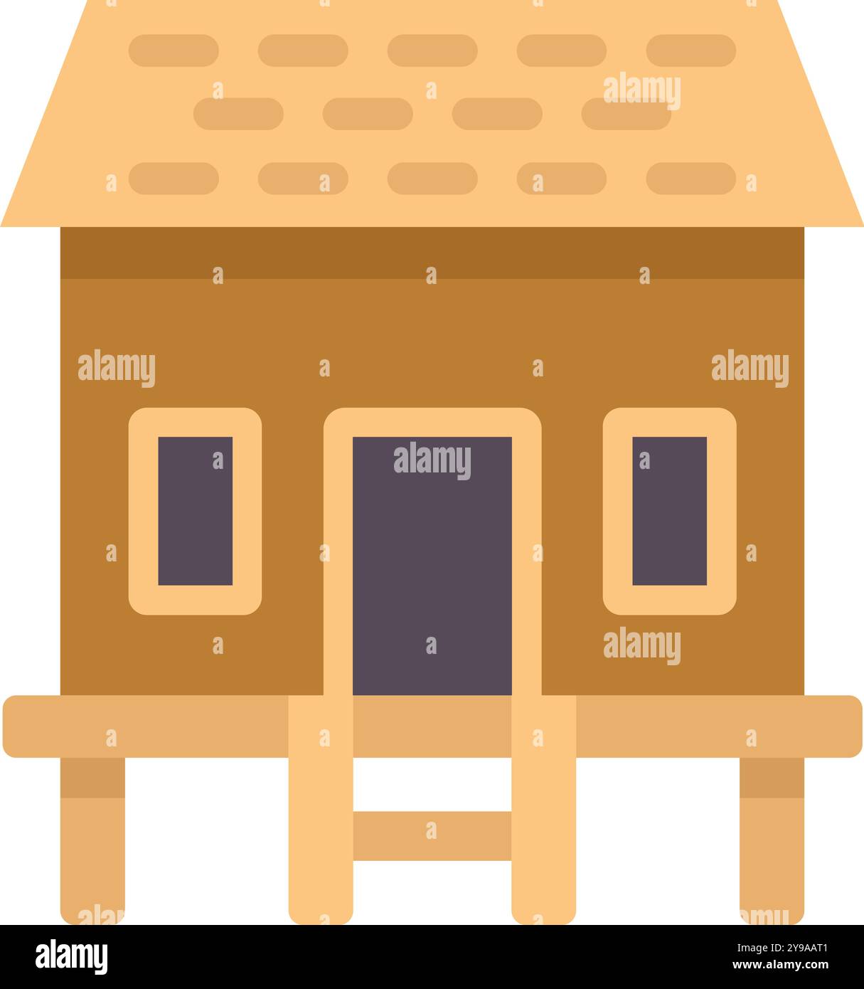 Simple wooden hut standing on stilts with tiled roof and ladder ...