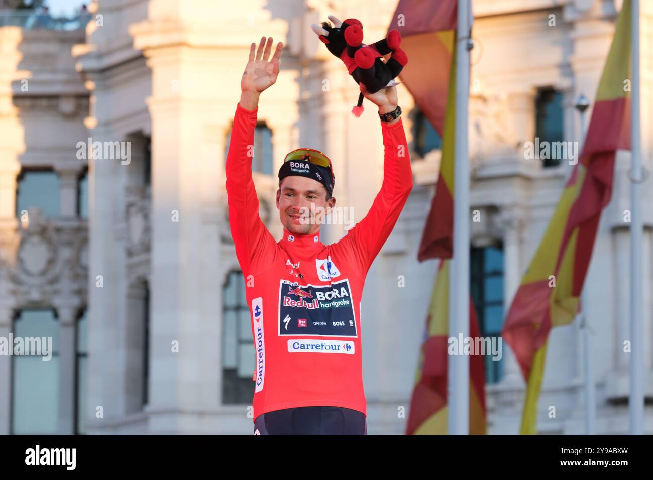 Primoz Roglic of Slovenia and Red Bull Bora Team celebrates his victory ...
