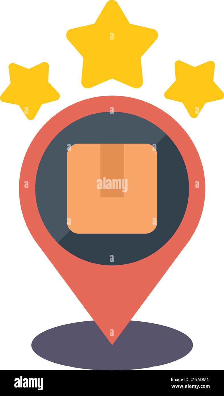 Location pin is pointing a cardboard box with five stars above ...