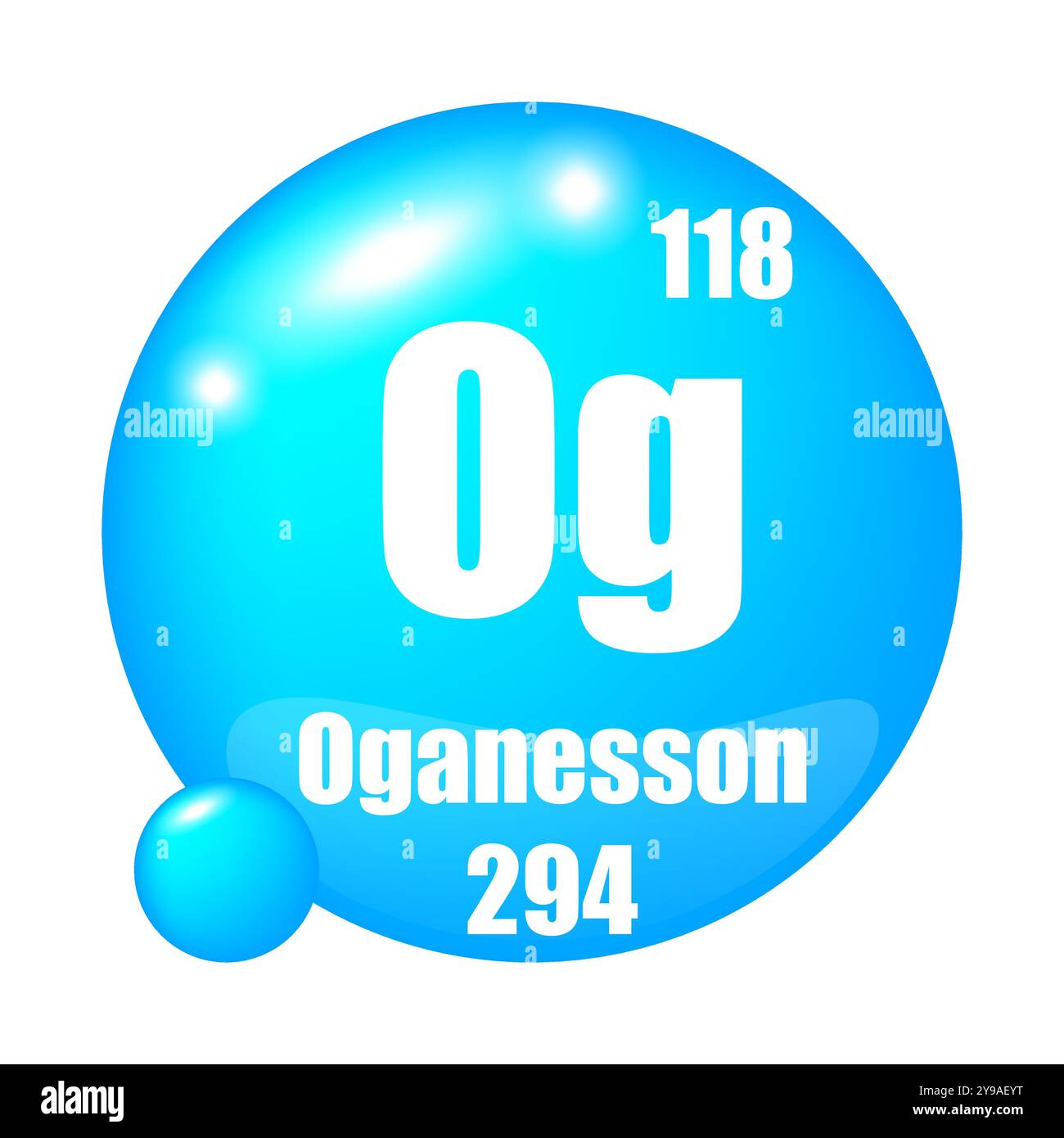 Oganesson icon. Og chemical element. Atomic number 118. Mass 294. Blue sphere image. Vector ...