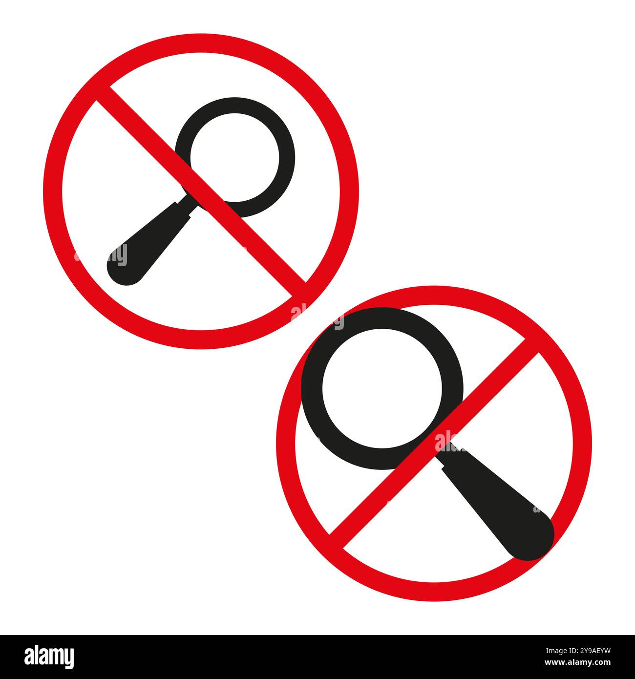 No magnifying glass. Search prohibition icon. Red crossed out symbol ...