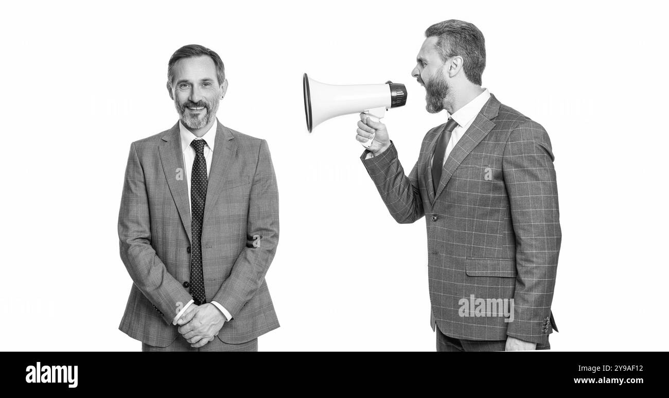 attention please. businessman with loudspeaker announce business. new ...