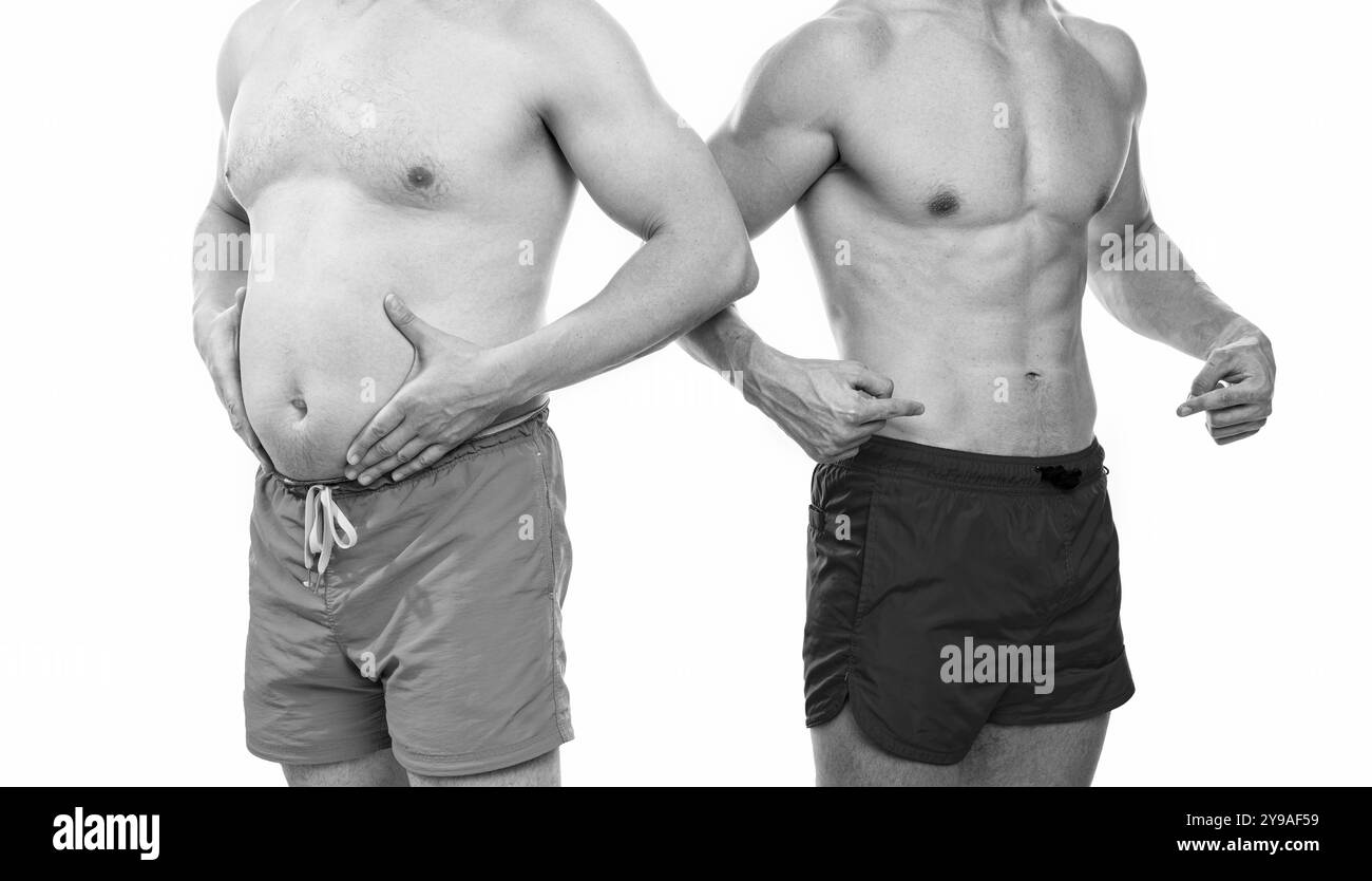 cropped view of men showing belly abs comparison. photo of men with ...