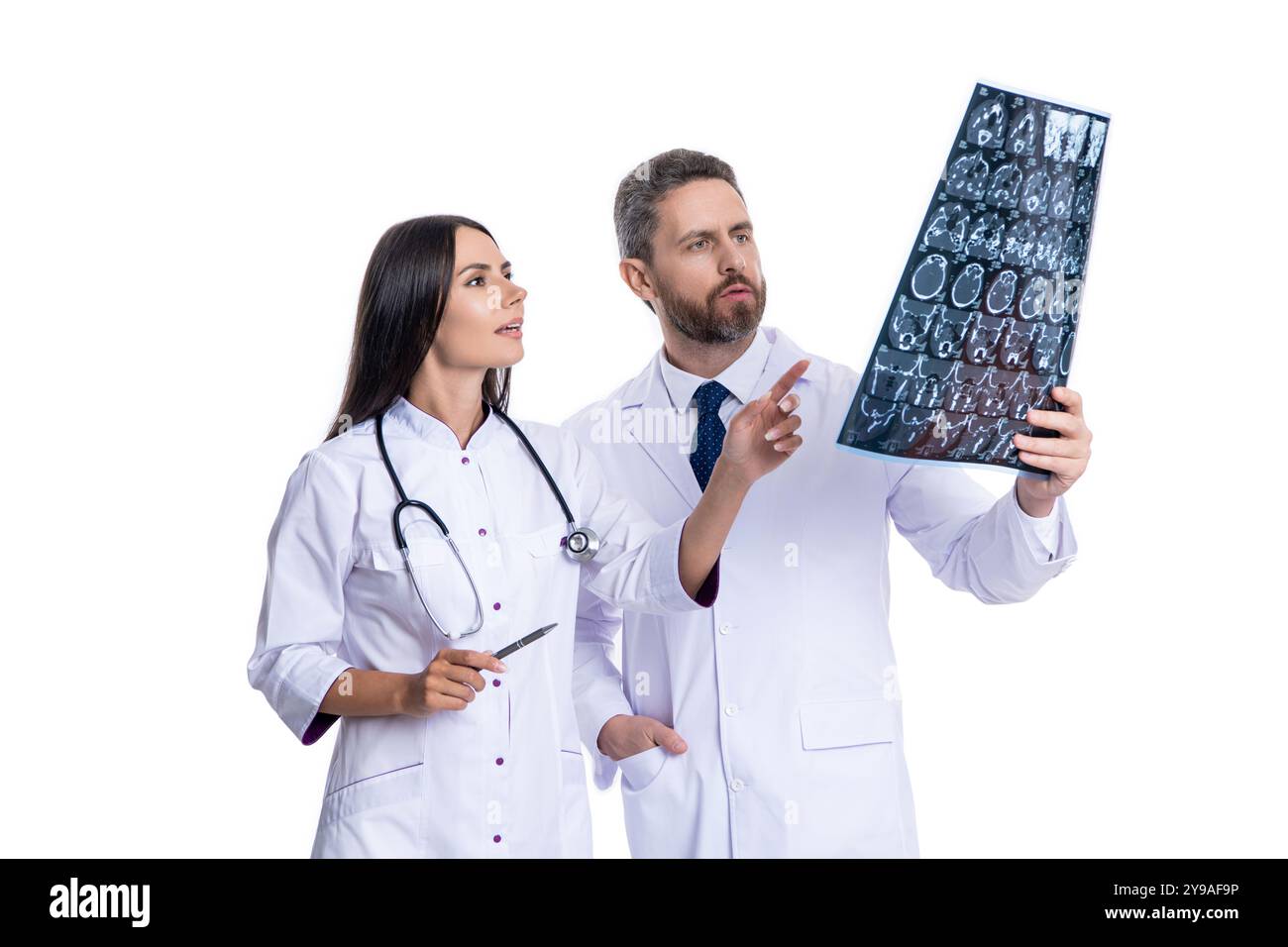 Medicine doctor look at mri isolated on white. Doctor analyzing brain ...