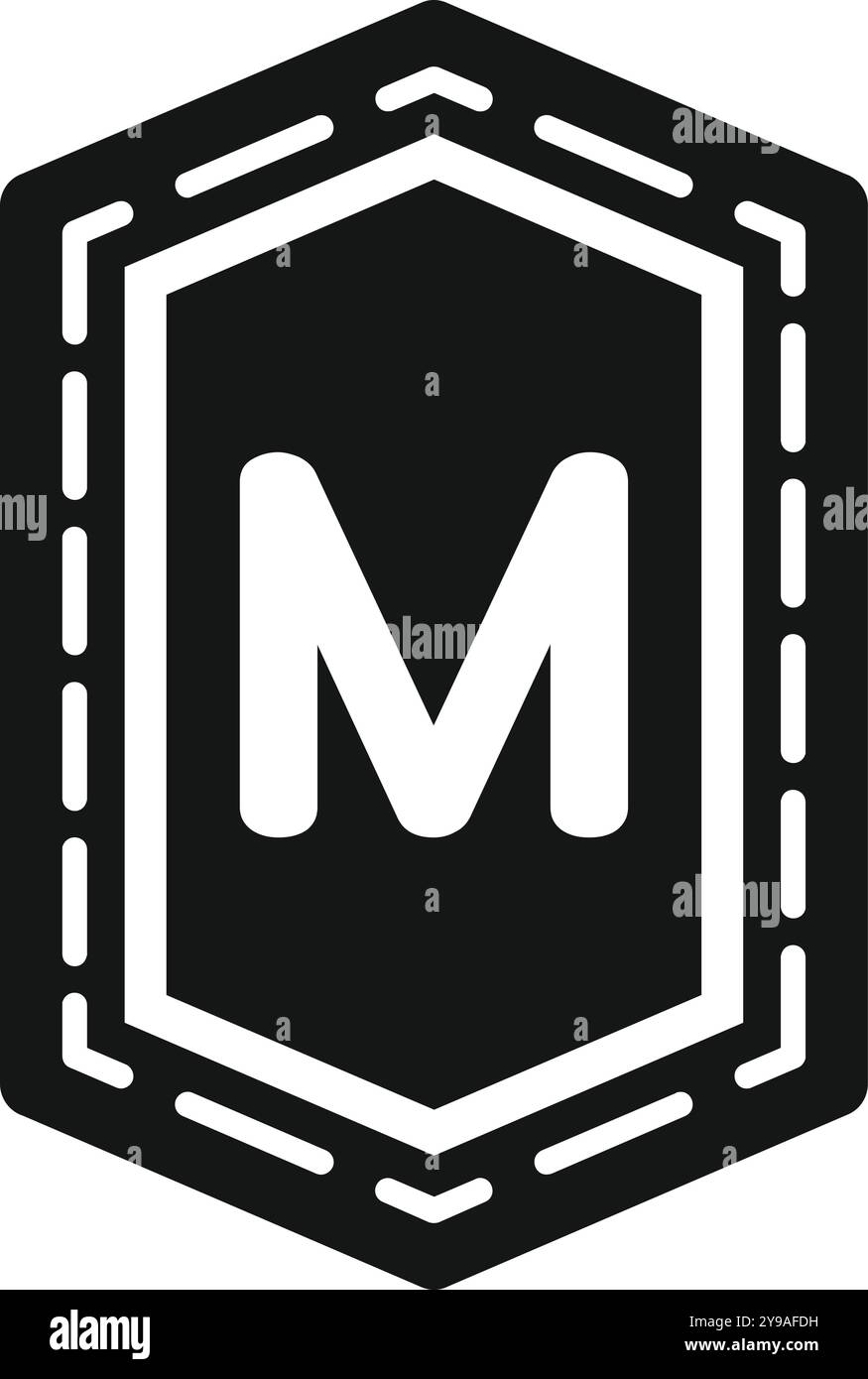 Black hexagonal retro patch featuring sewing stitches and the letter m ...