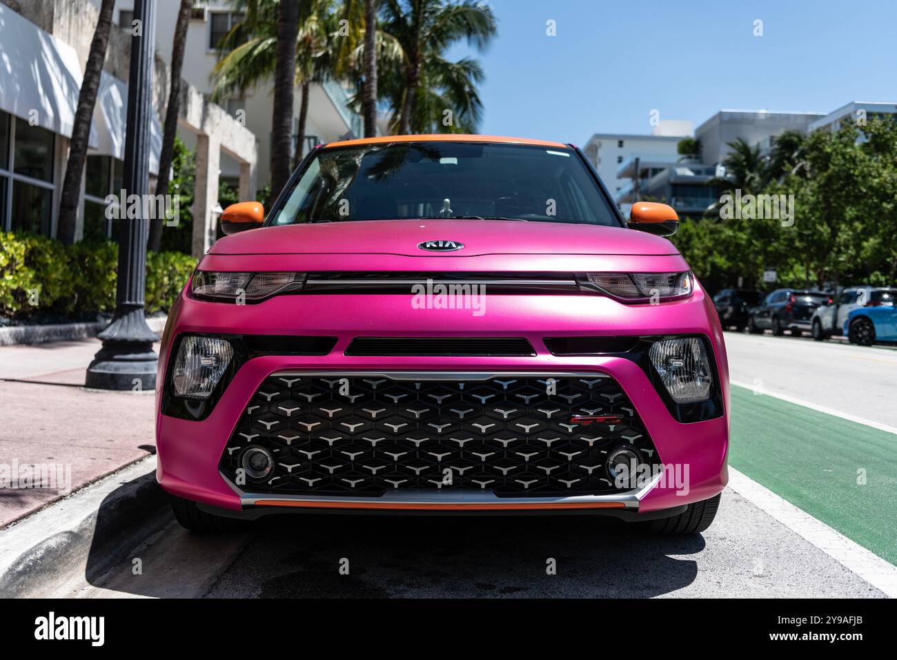 Miami Beach, Florida USA - June 5, 2024: Kia soul pink in ocean drive ...