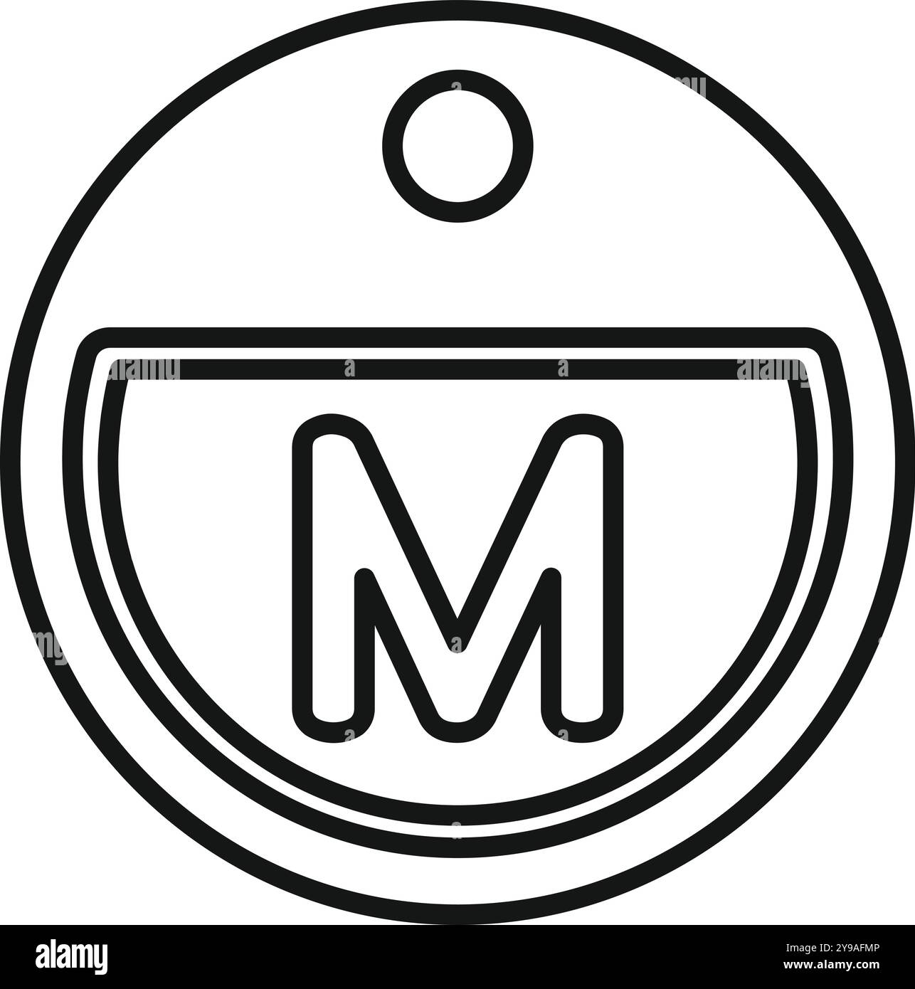 Simple black and white line drawing of a round metro token with the ...