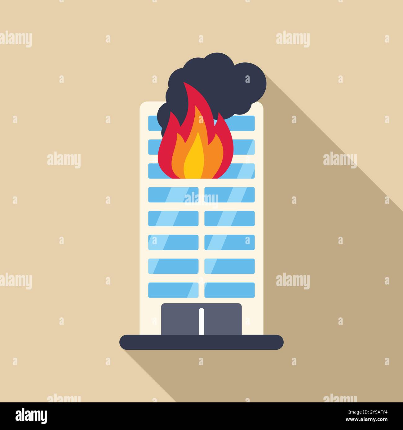 Modern office building with large glass windows is on fire with smoke ...