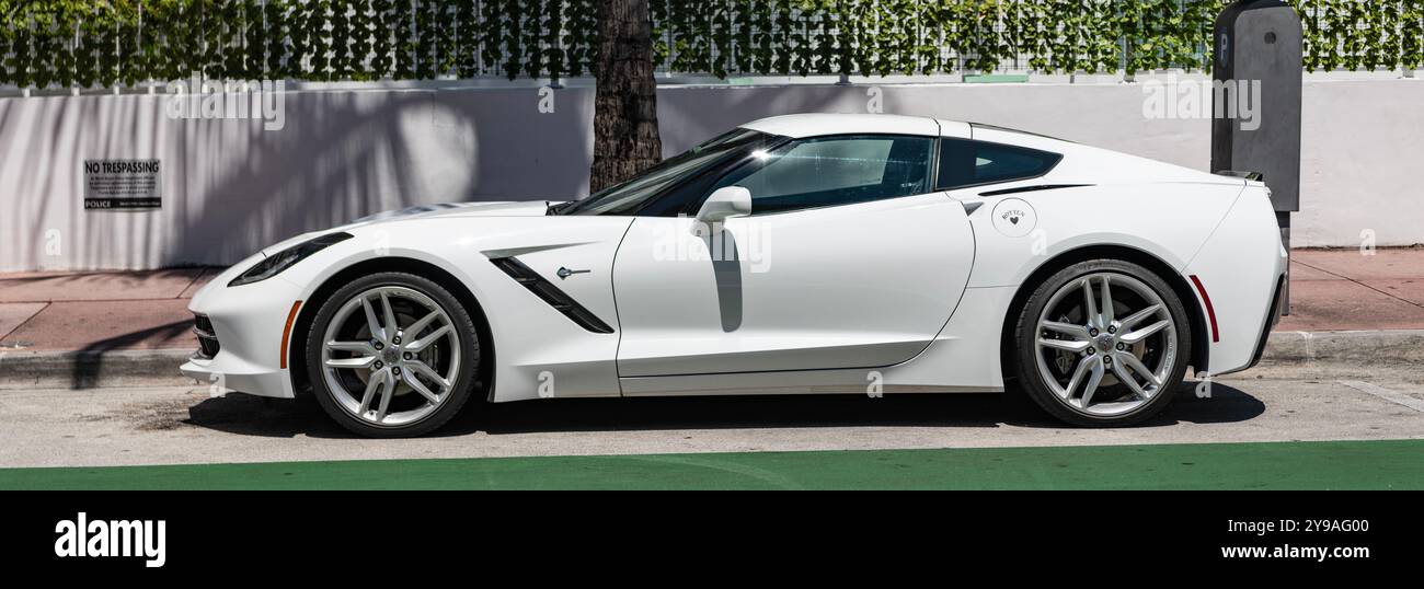 Miami Beach, Florida USA - June 9, 2024: Chevy Corvette Stingray c7 at ocean drive miami beach ...