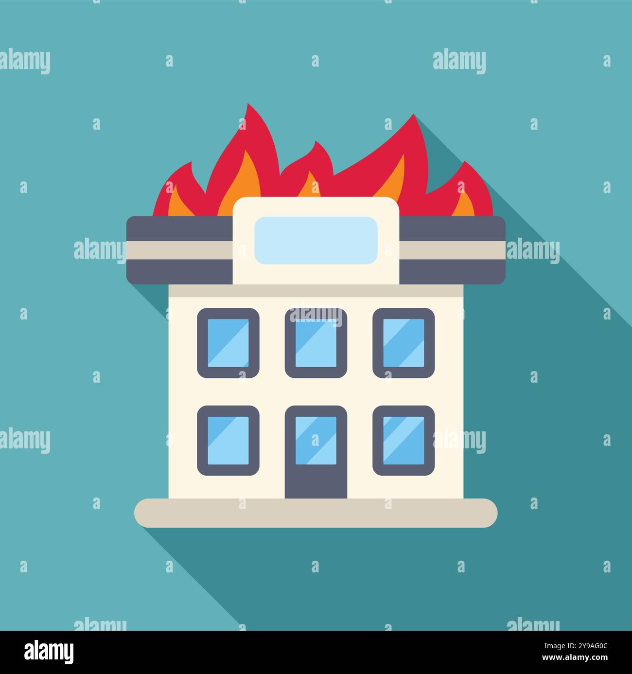 Simple vector illustration of a burning office building with flames on ...