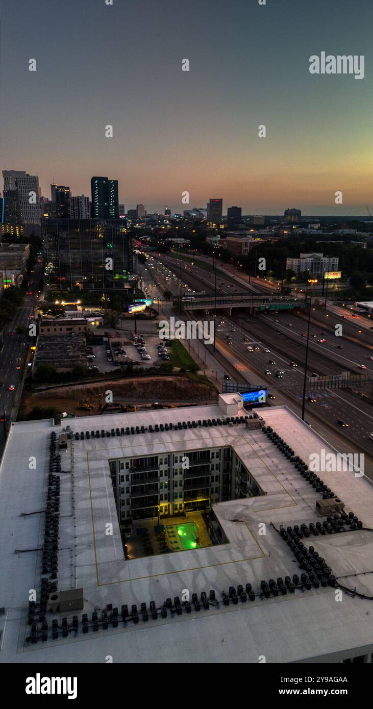 Aerial view of Atlanta freeway with heavy traffic on a Sunday evening ...