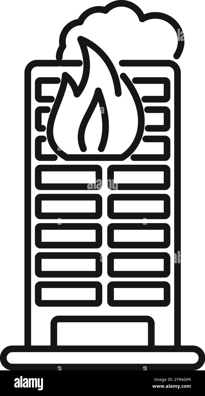 Simple line vector icon representing a city building on fire with smoke ...