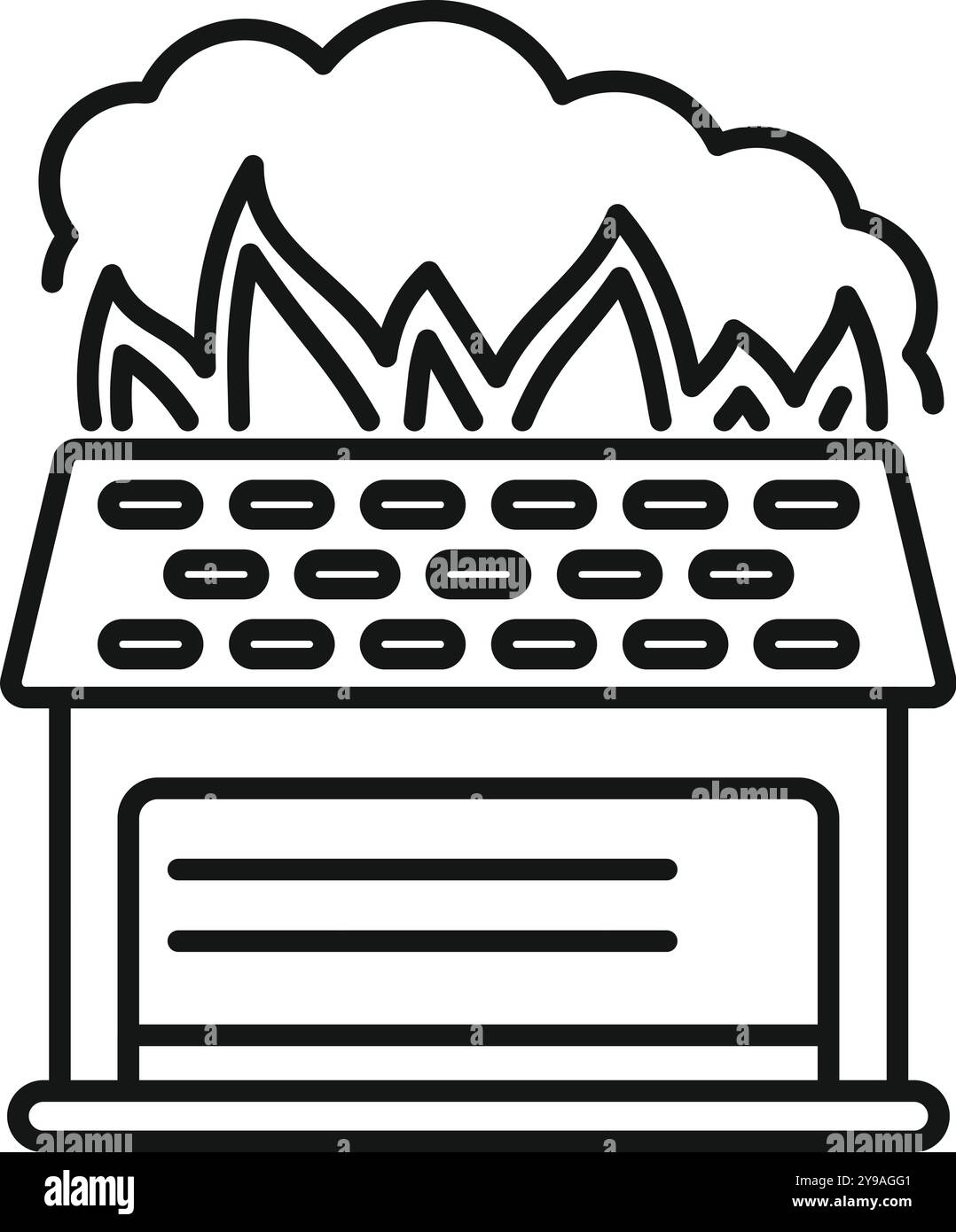 Line art icon of a residential garage on fire with smoke billowing from ...