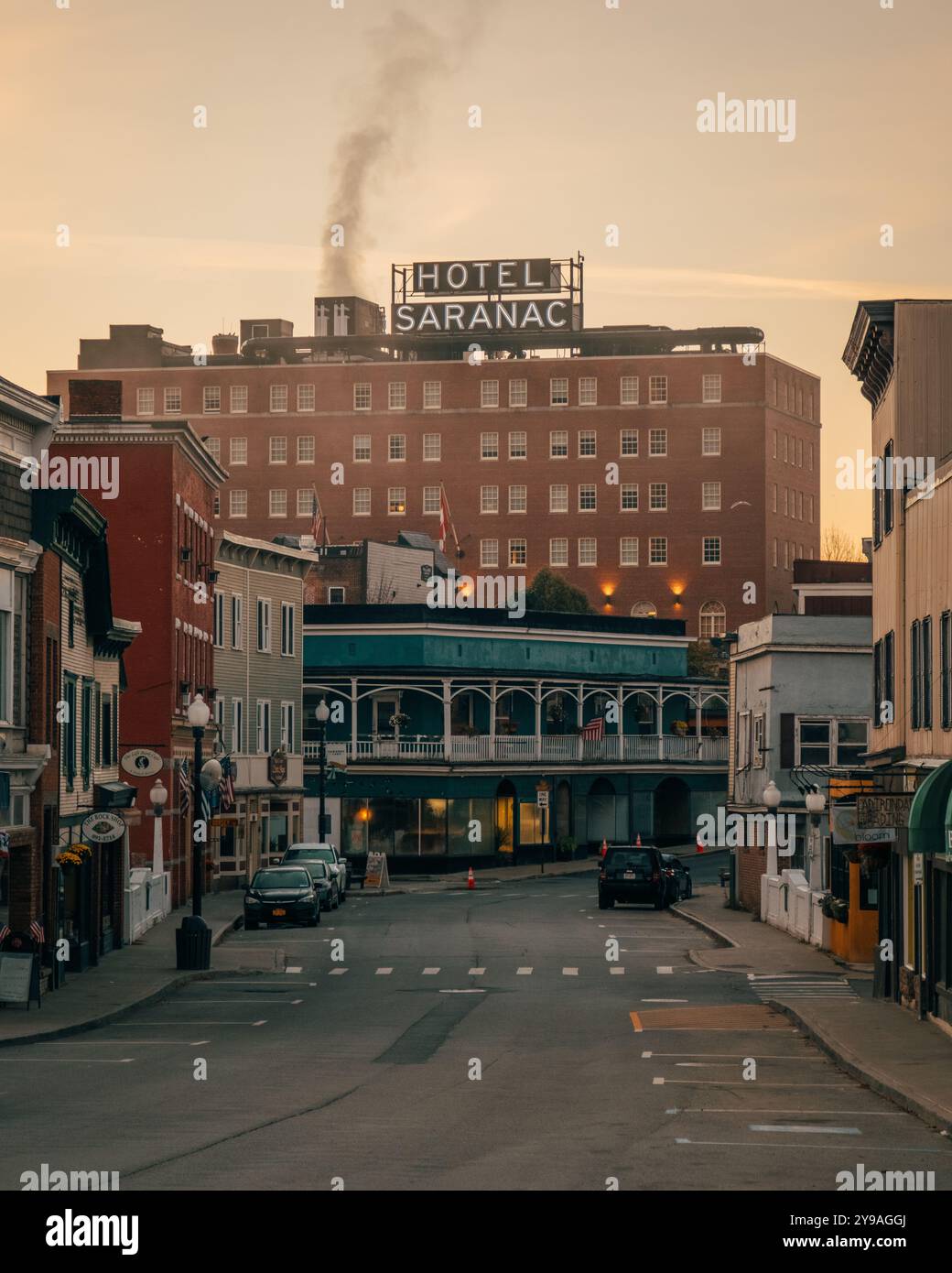 View of the Hotel Saranac at sunrise in downtown Saranac Lake, New York ...