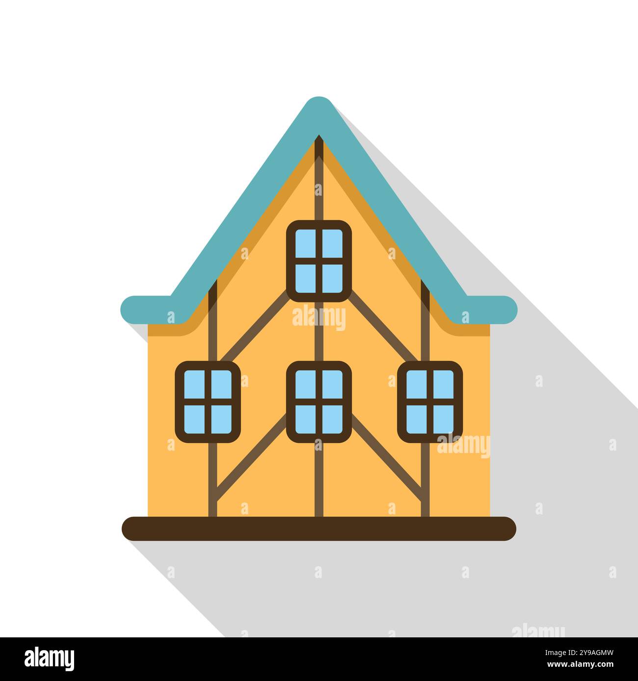 Illustration of a two story detached house with four windows and blue ...