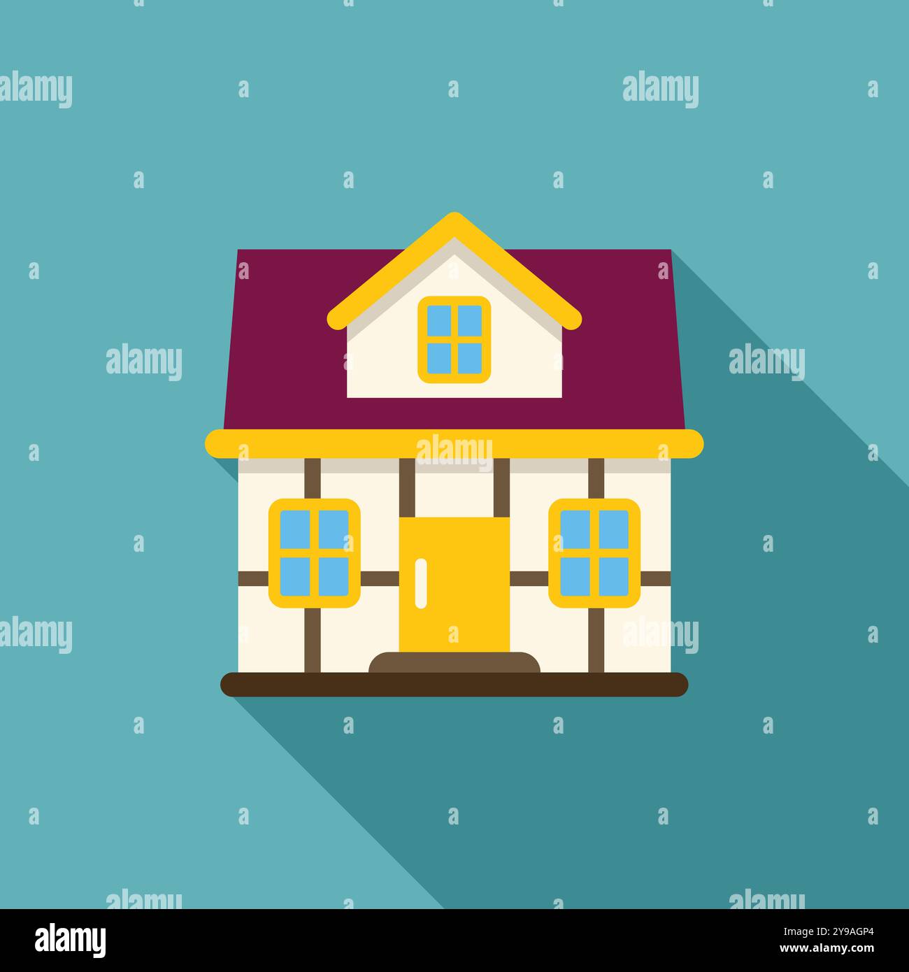 Small family house casting long shadow on turquoise background, flat ...