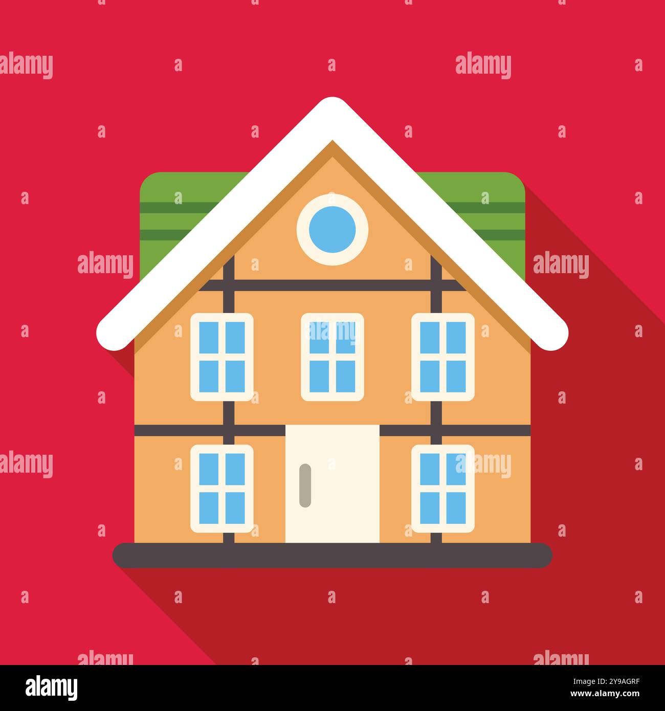 Timber framed home with green roof and white trim on red background ...