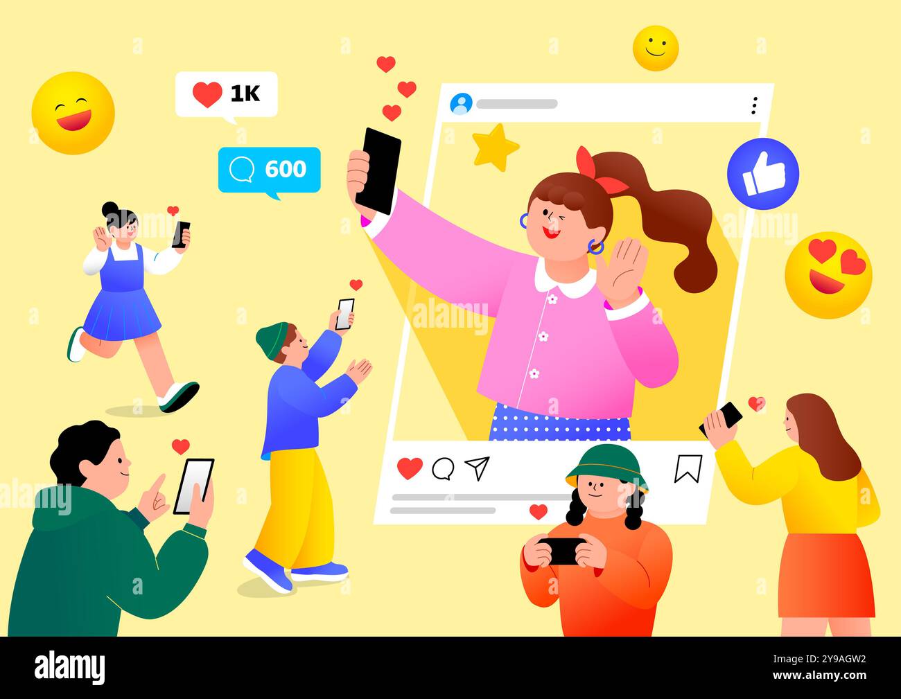 Media content creator illustration of a woman saying hello on social ...
