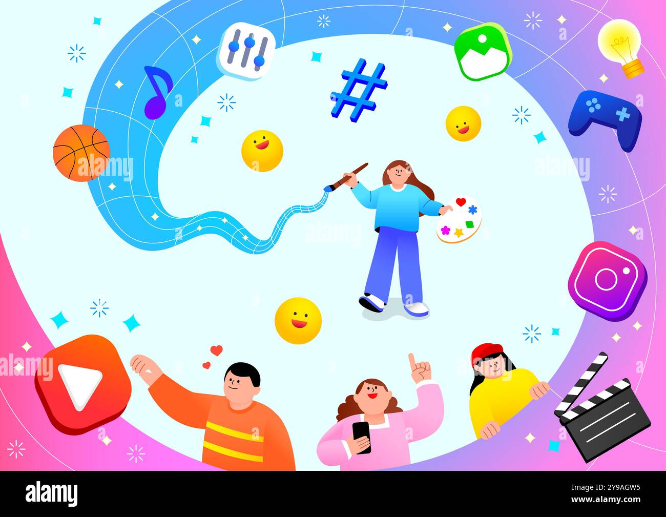 Media content creator illustration of a woman drawing a picture with ...