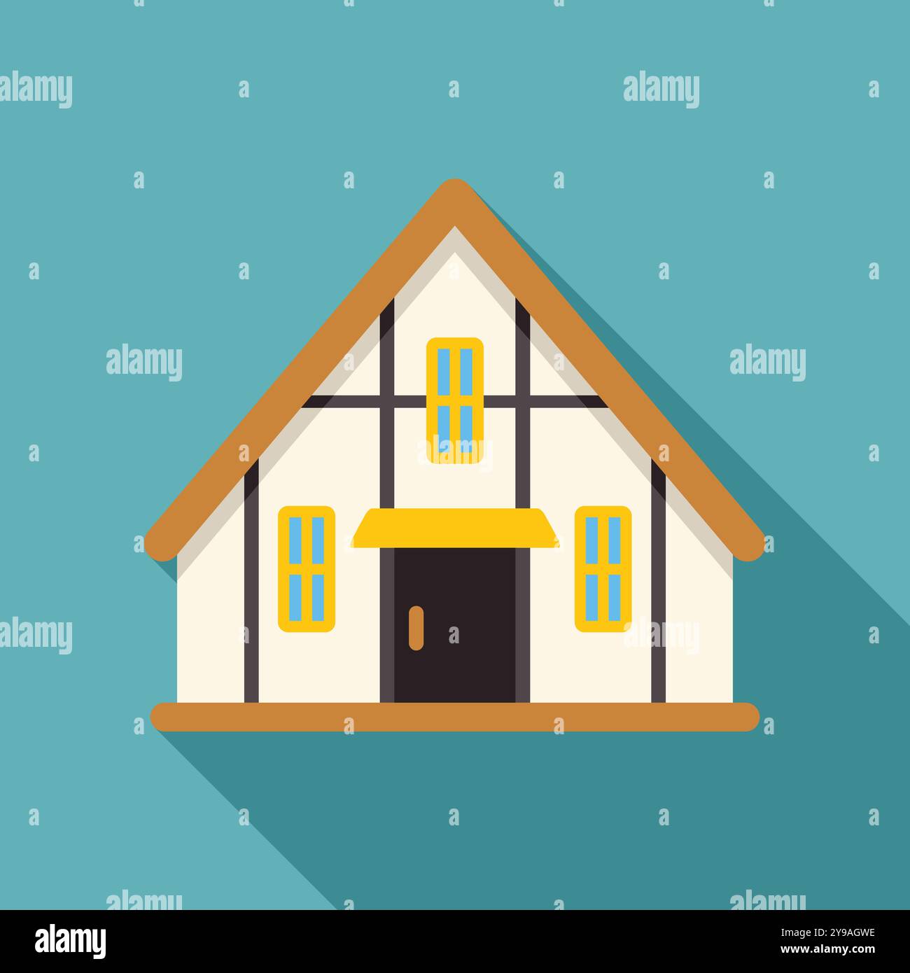 Traditional english tudor style house casting a long shadow over a blue ...