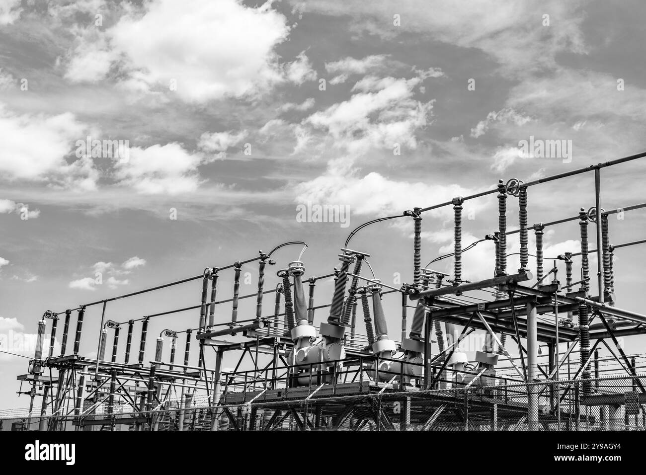 power transformer on voltage substation. electricity power line ...