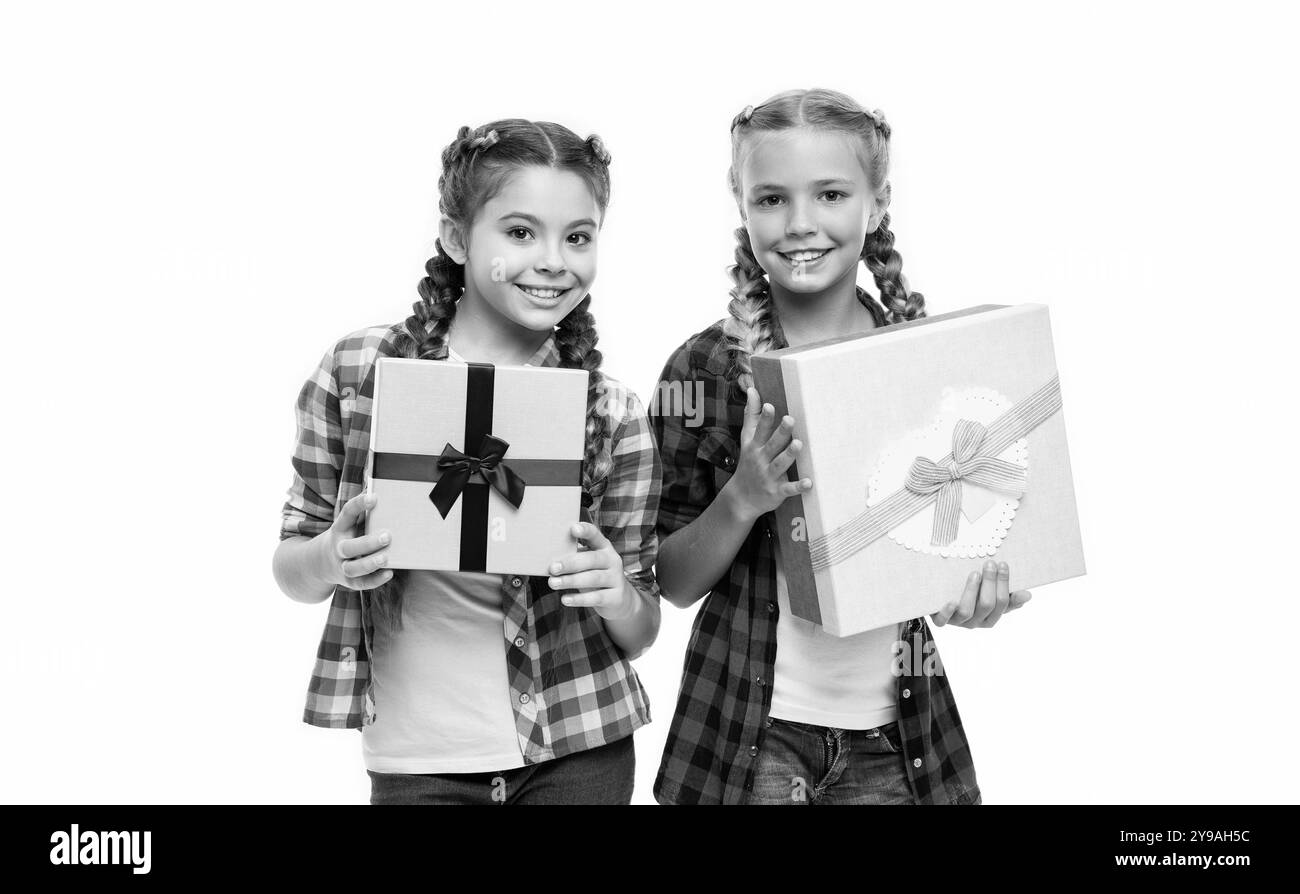 happy birthday. birthday present box. children girls sharing present ...