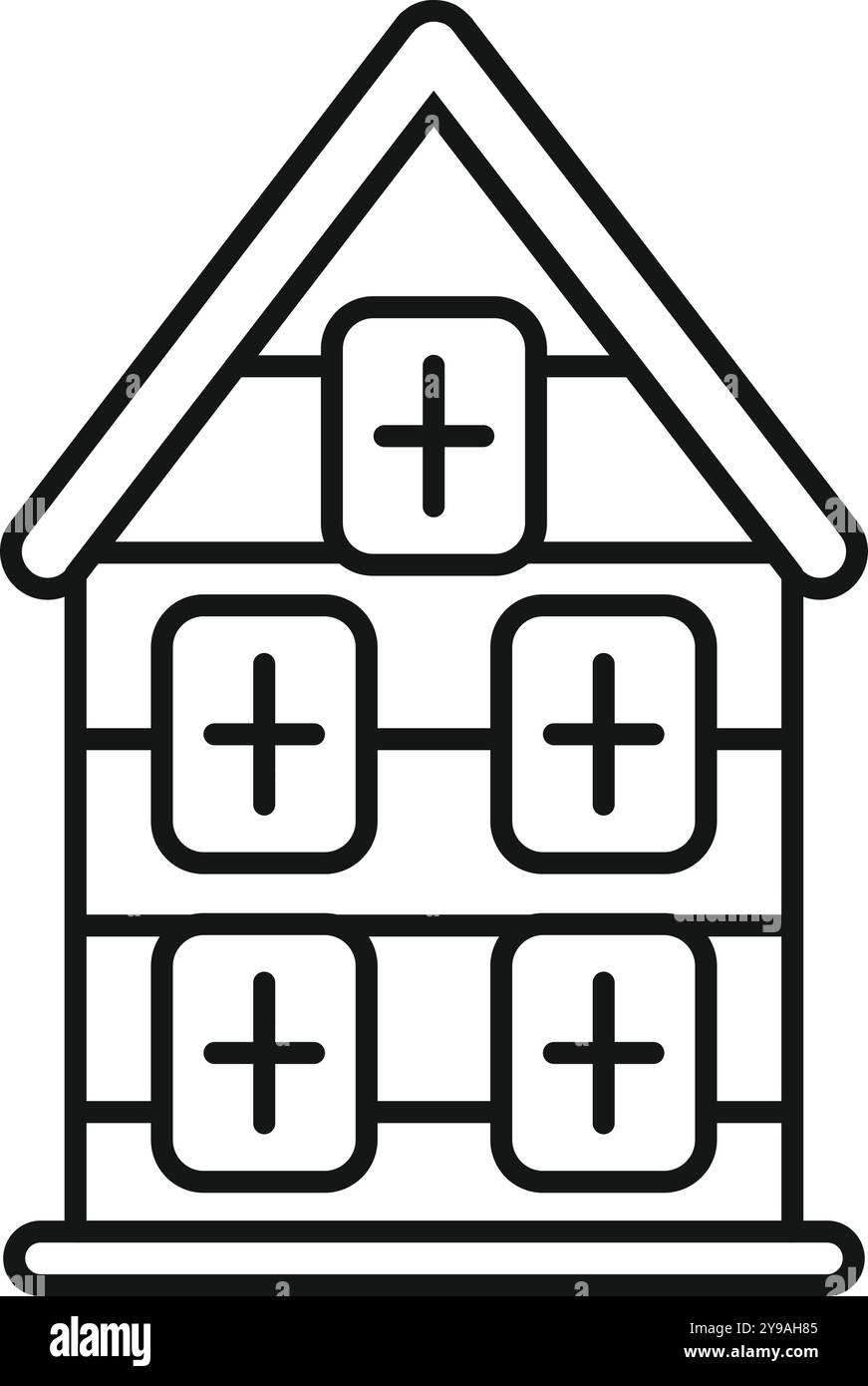Simple line art icon of a hospital building with crosses, representing ...