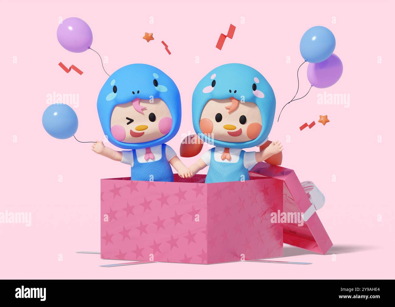 Children popping out of gift boxes with balloons Stock Photo - Alamy