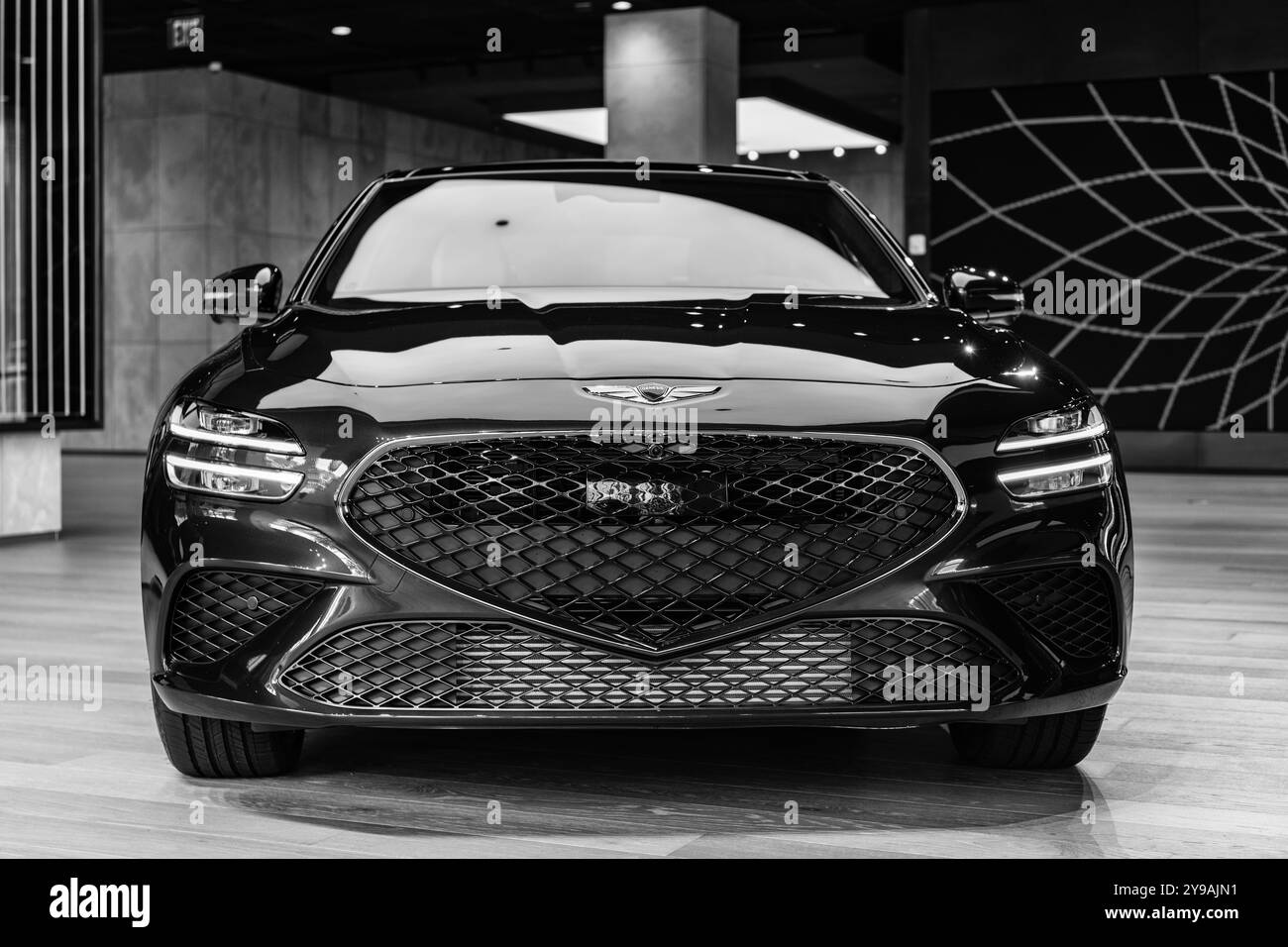 New York City, USA - August 06, 2023: Hyundai electric Genesis G80 black car front view parked ...