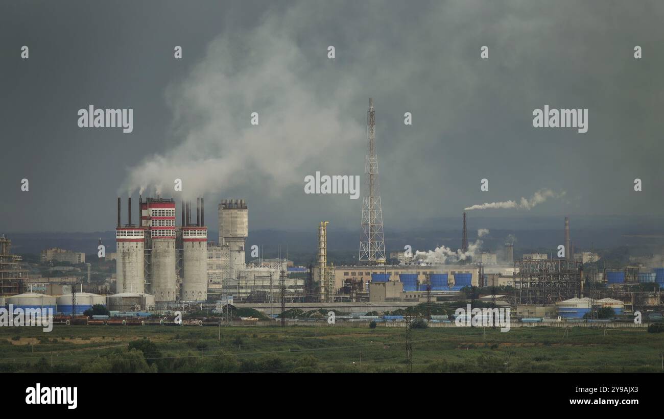 Oil and gas refinery plant with chimney smoke, Business petrochemical ...