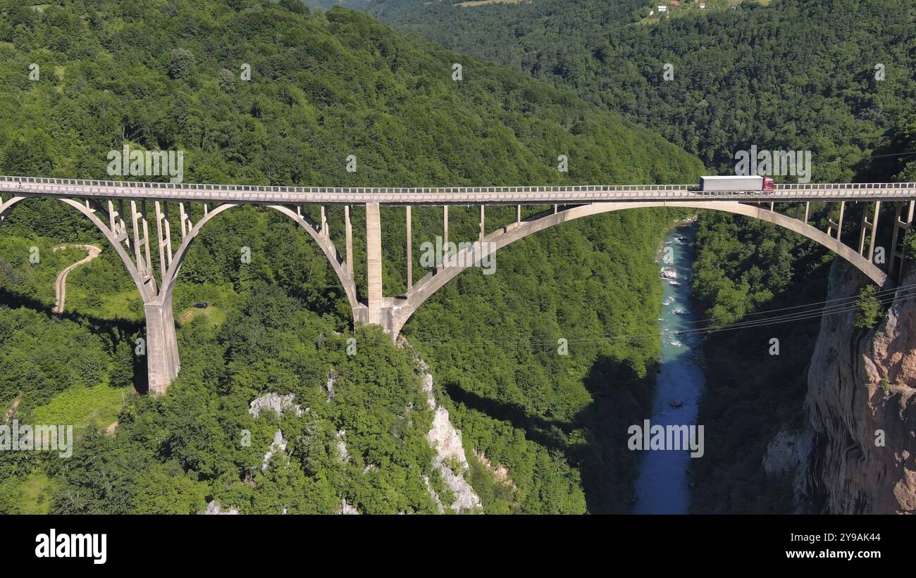 Aerial view on Djurdjevica arch bridge over the Tara River in northern ...