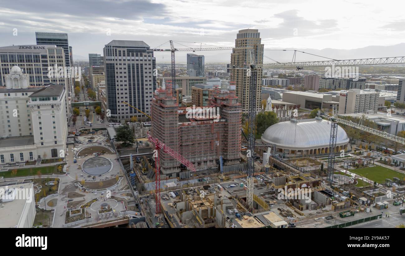 Aerial view of Temple Square, which is a center of history and worship ...