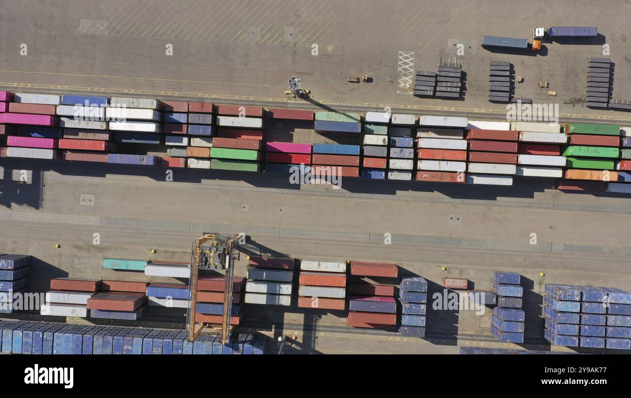 Aerial top view of cargo container terminal, business transportation ...