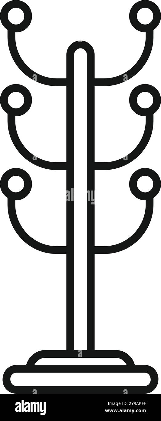 Simple line art icon of a metal coat rack with multiple hooks for ...