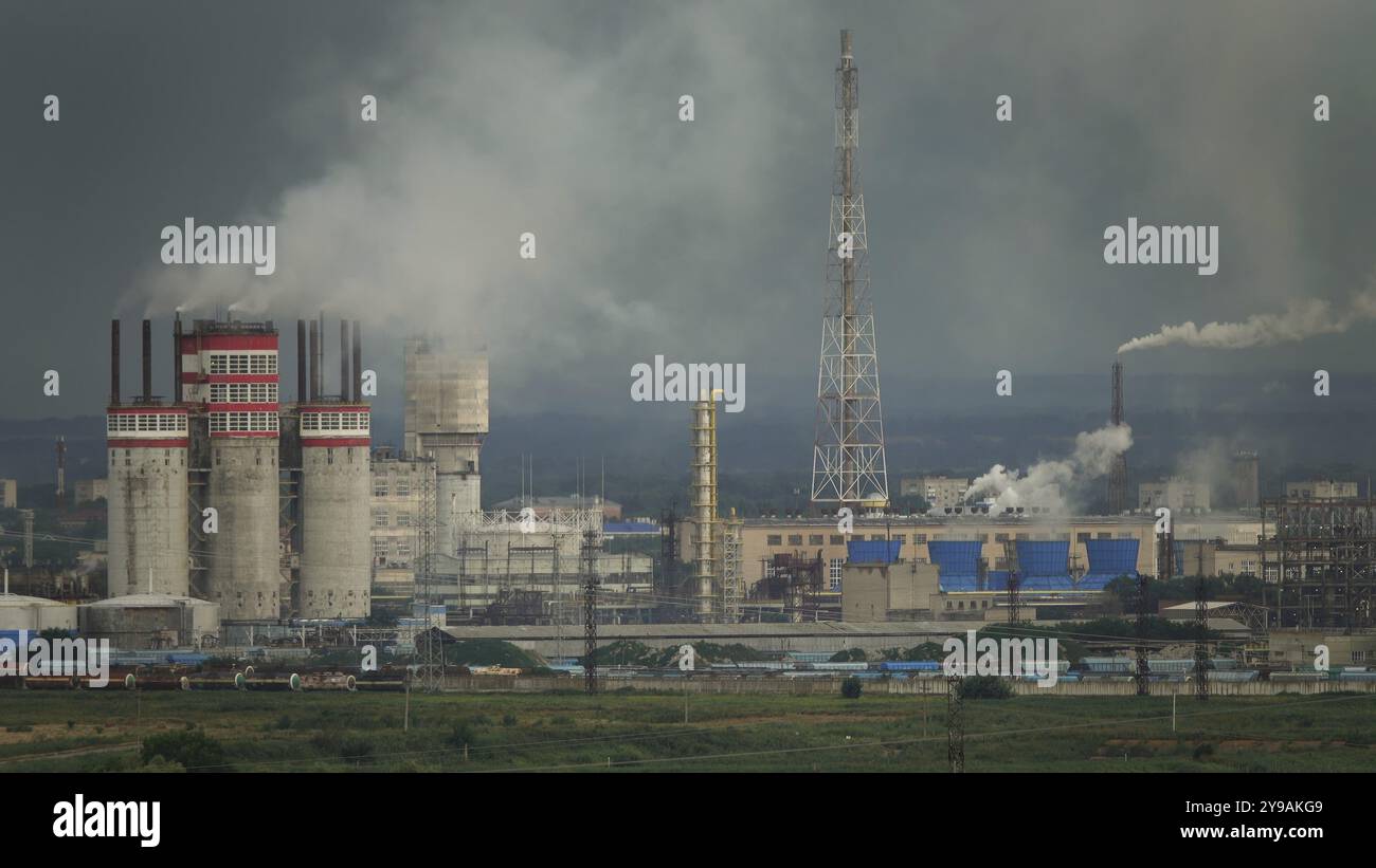 Oil and gas refinery plant with chimney smoke, Business petrochemical ...