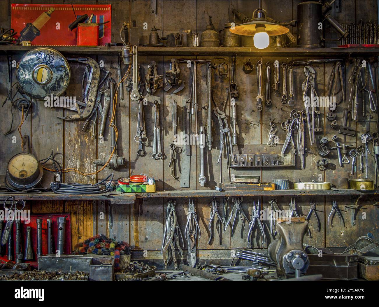 Vintage Tools Hanging On A Wall In A Tool Shed Or Workshop Stock Photo ...