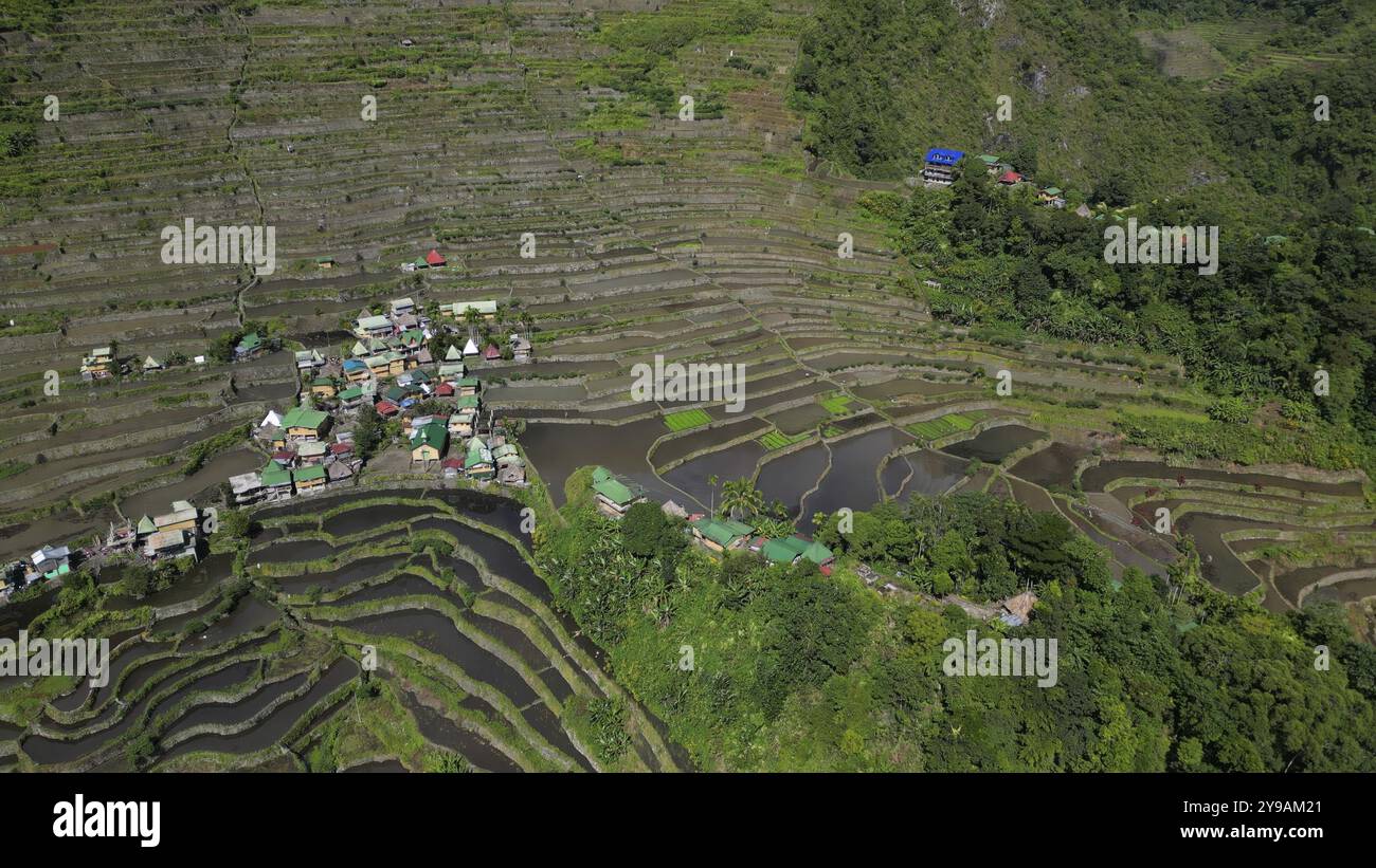 Aerial view of picturesque Batad Rice Terraces in Ifugao Province ...