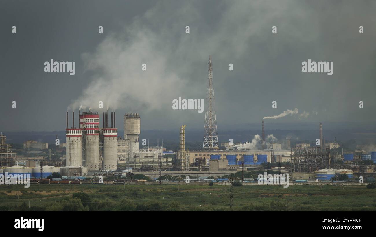 Oil and gas refinery plant with chimney smoke, Business petrochemical ...