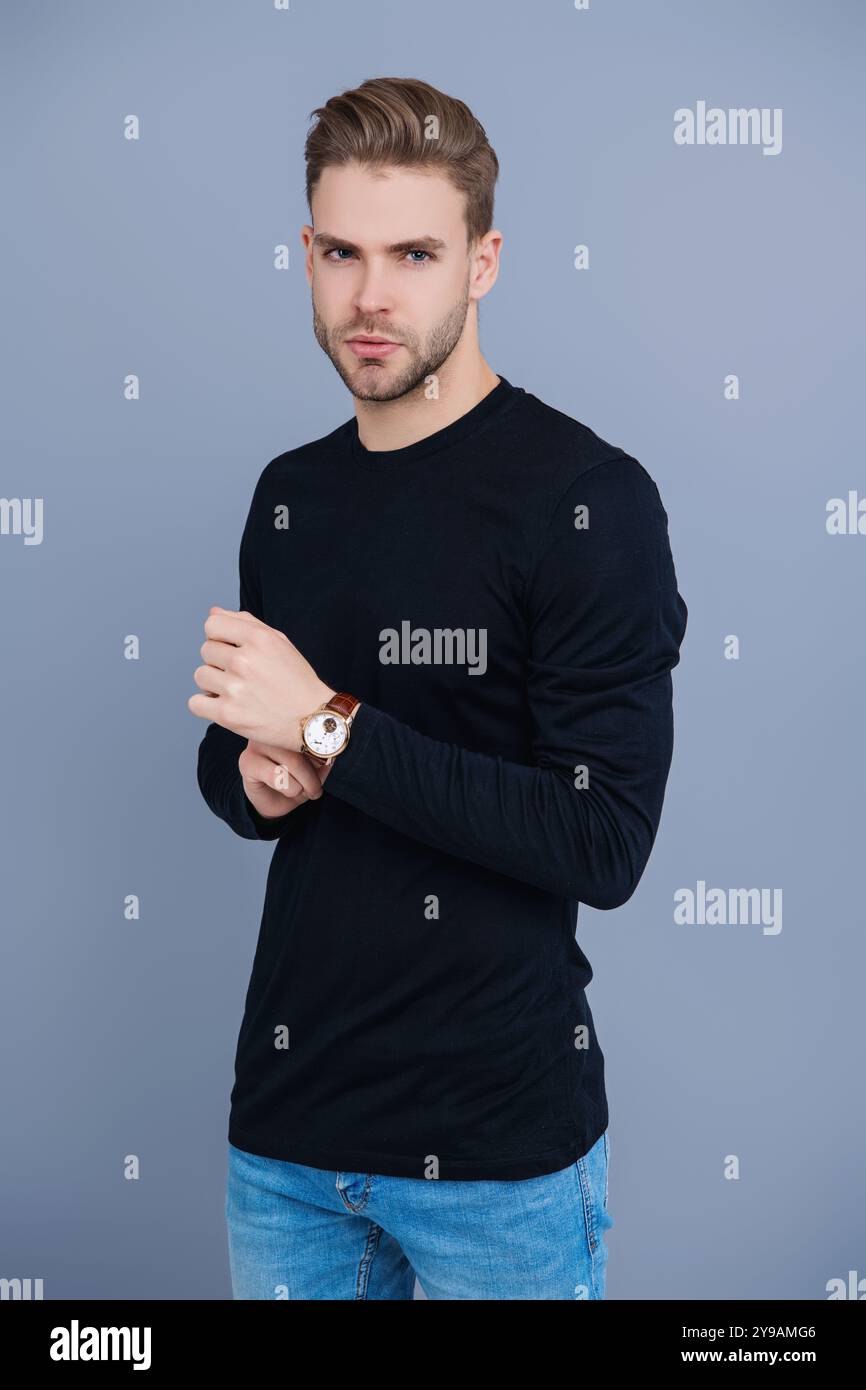 Male fashion accessory. Man with hand watch. Man showing wristwatch ...
