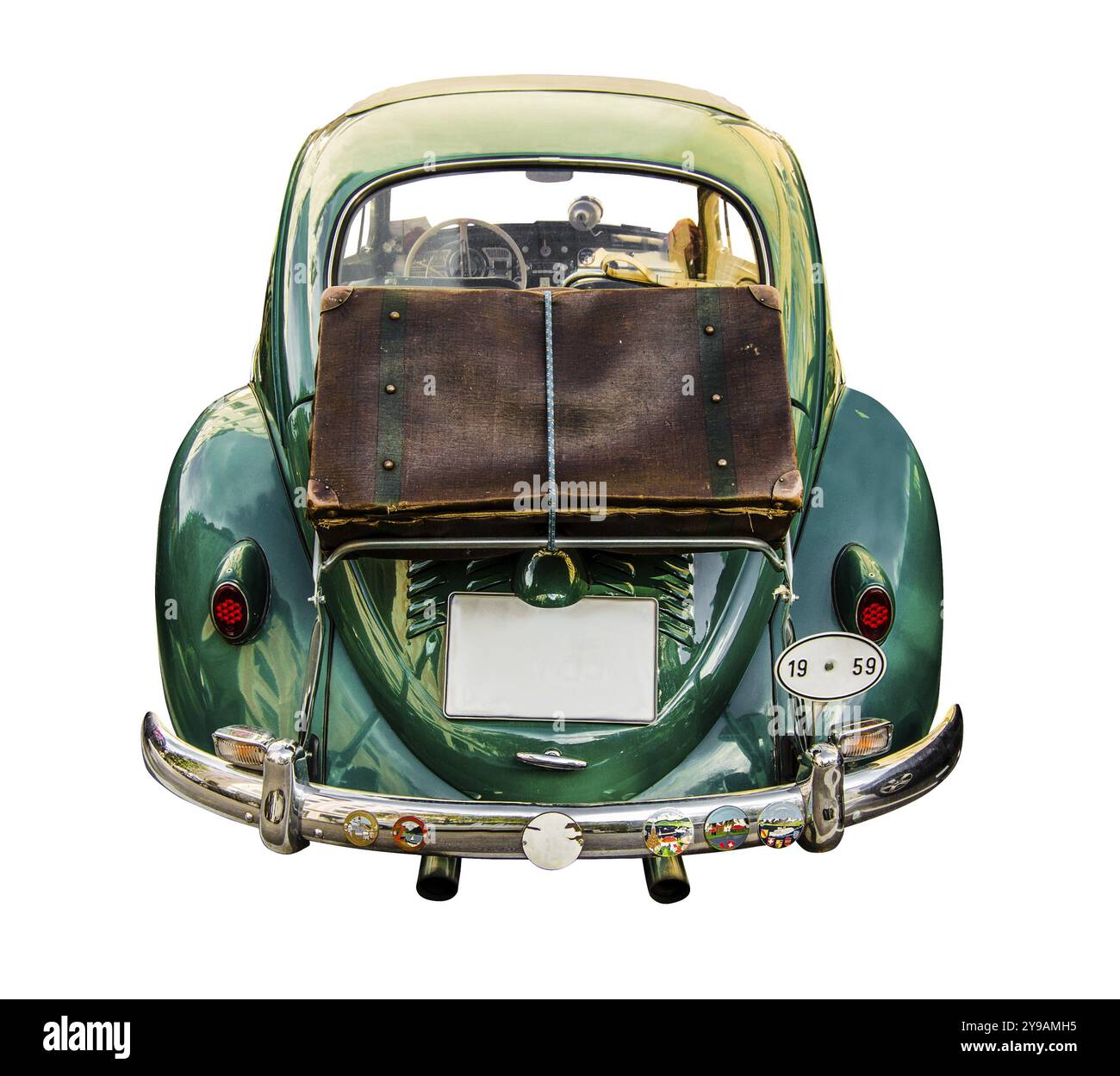 Isolated Retro Styled Green Vintage Car With Suitacse Luggae On Bach ...