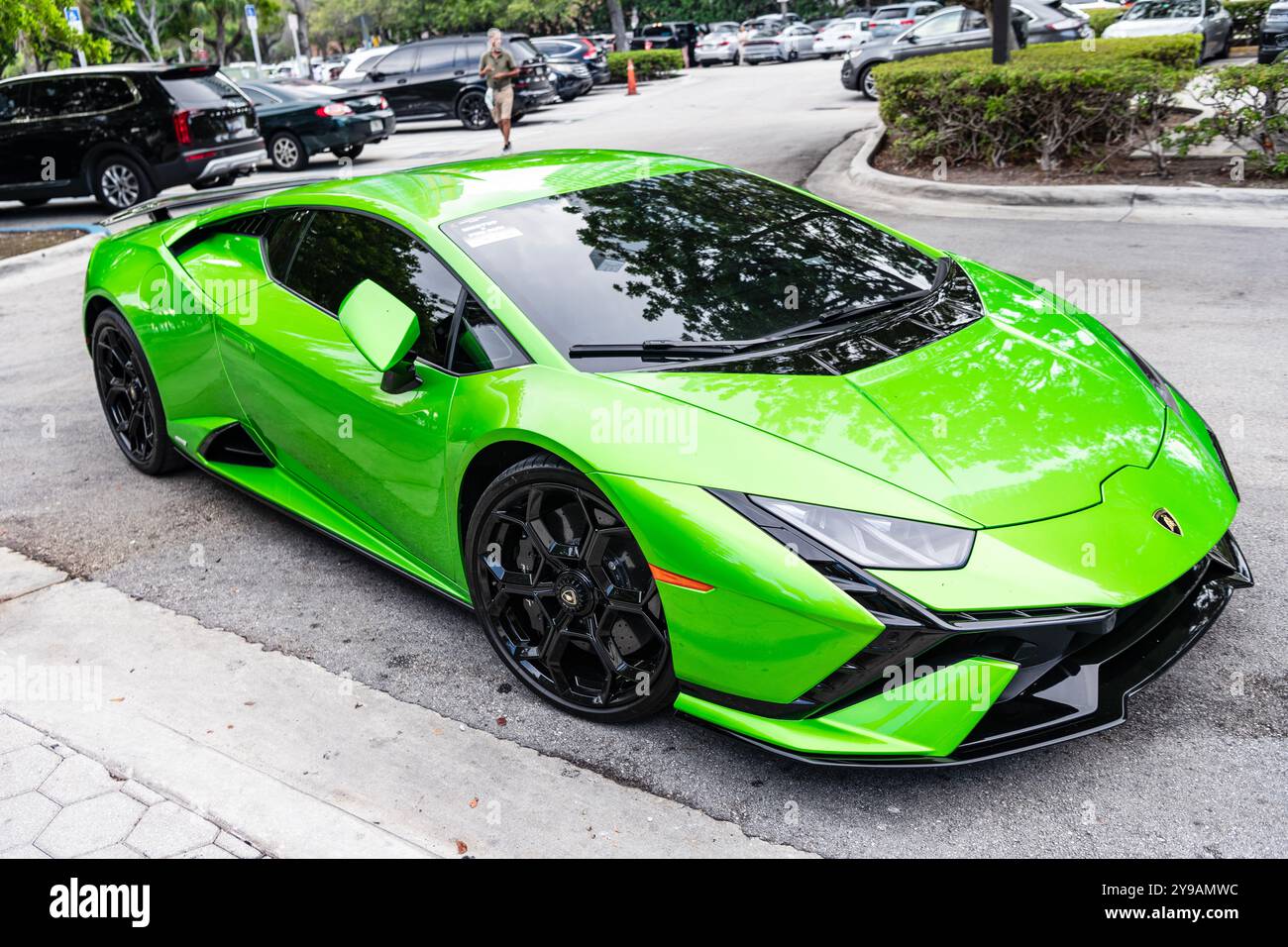 Miami Beach, Florida USA - June 9, 2024: 2023 Lamborghini Huracan Tecnica green at miami beach ...