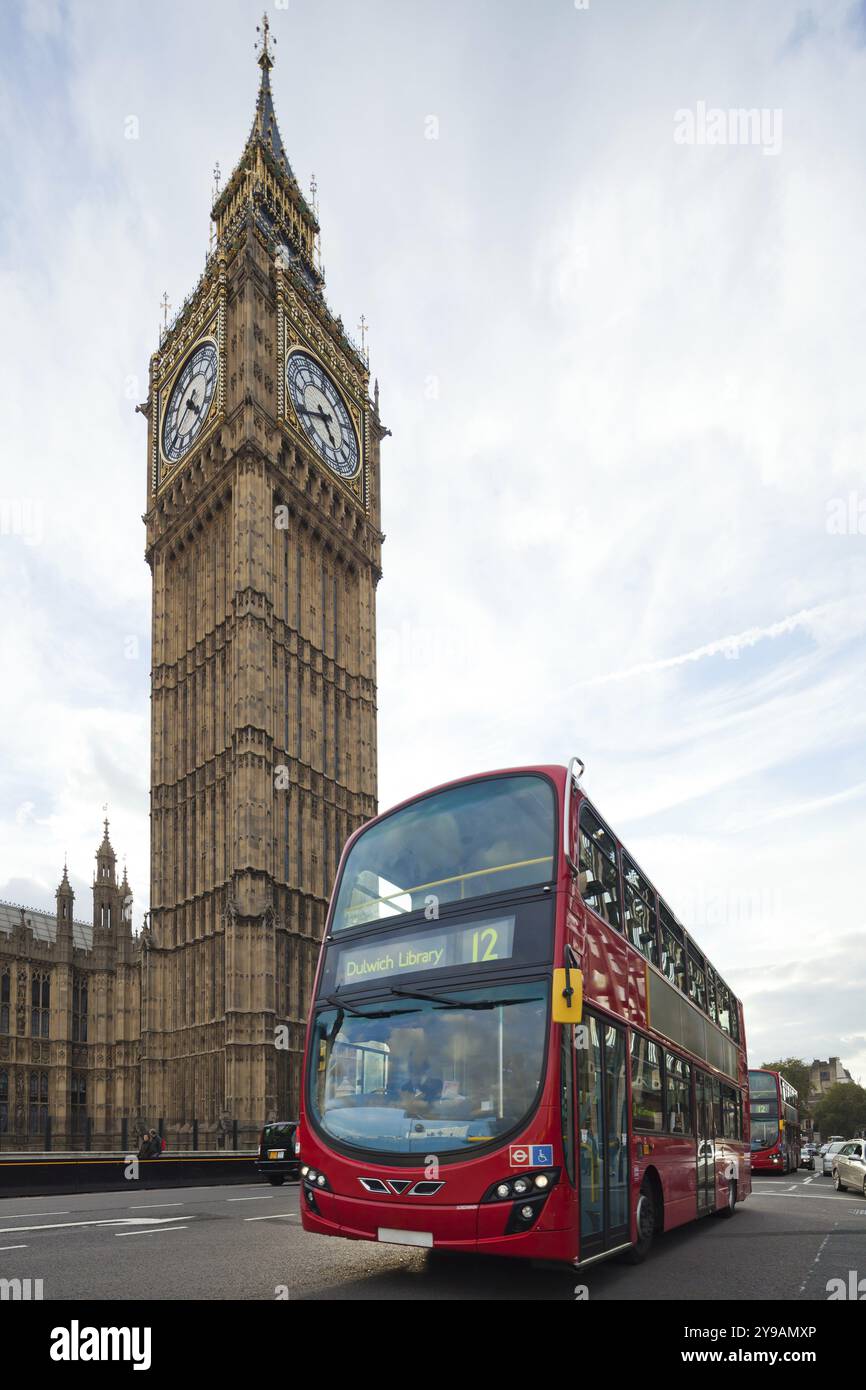 Big Ben with red double-decker in London, UK. Cityscape shot with tilt ...