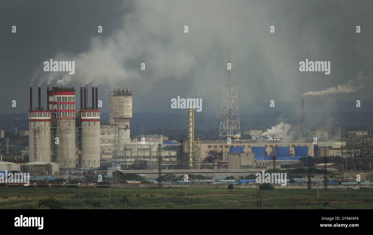 Oil and gas refinery plant with chimney smoke, Business petrochemical ...