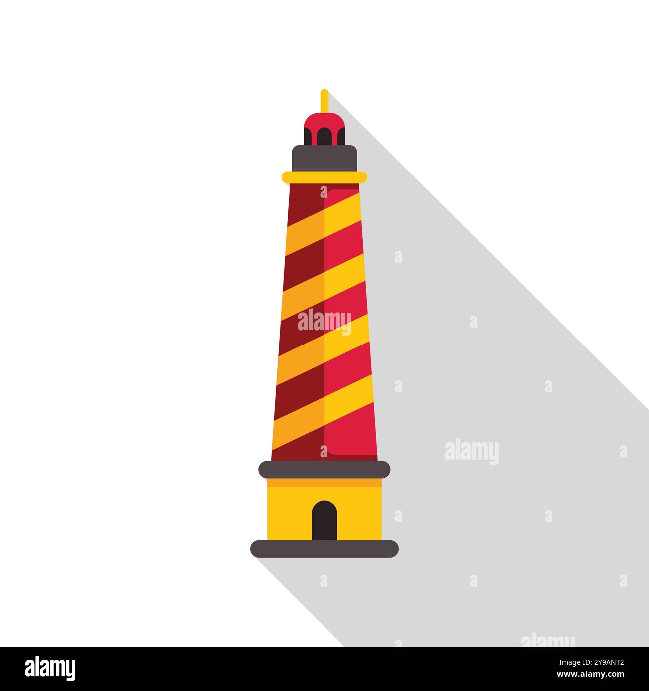 Red and yellow striped lighthouse casting a long shadow to the right on ...