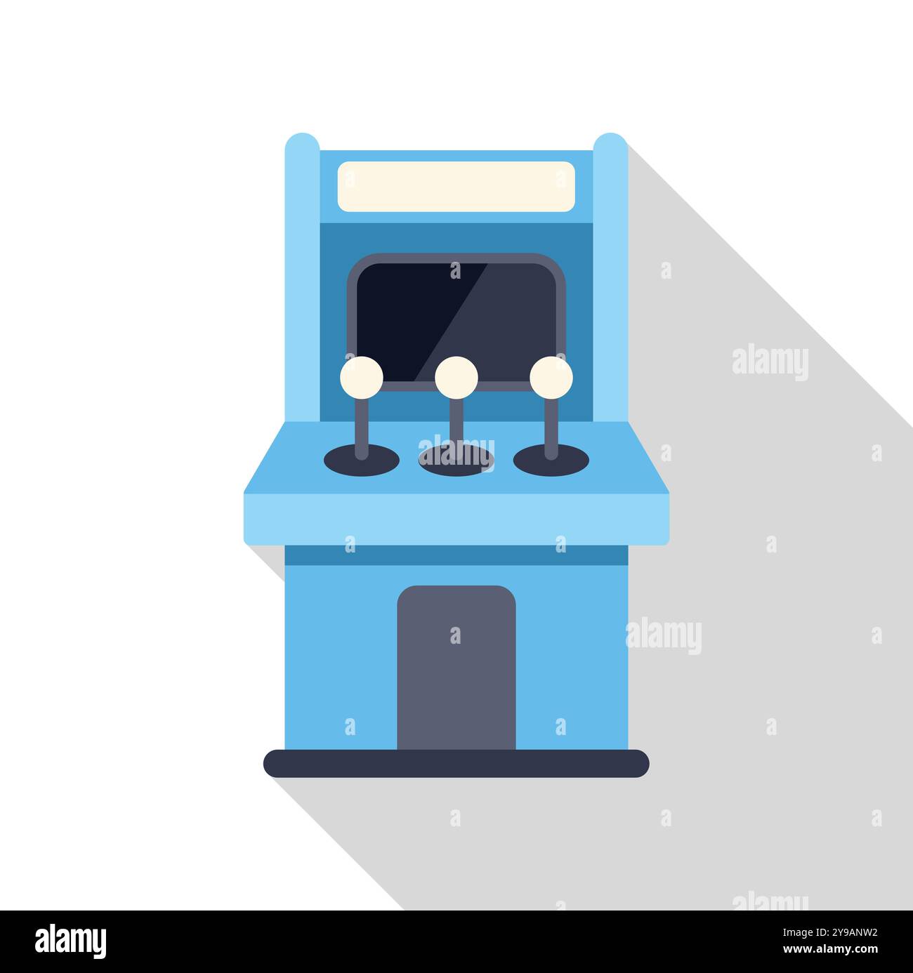 Simple vector illustration of a blue arcade game machine with three joysticks and a long shadow ...