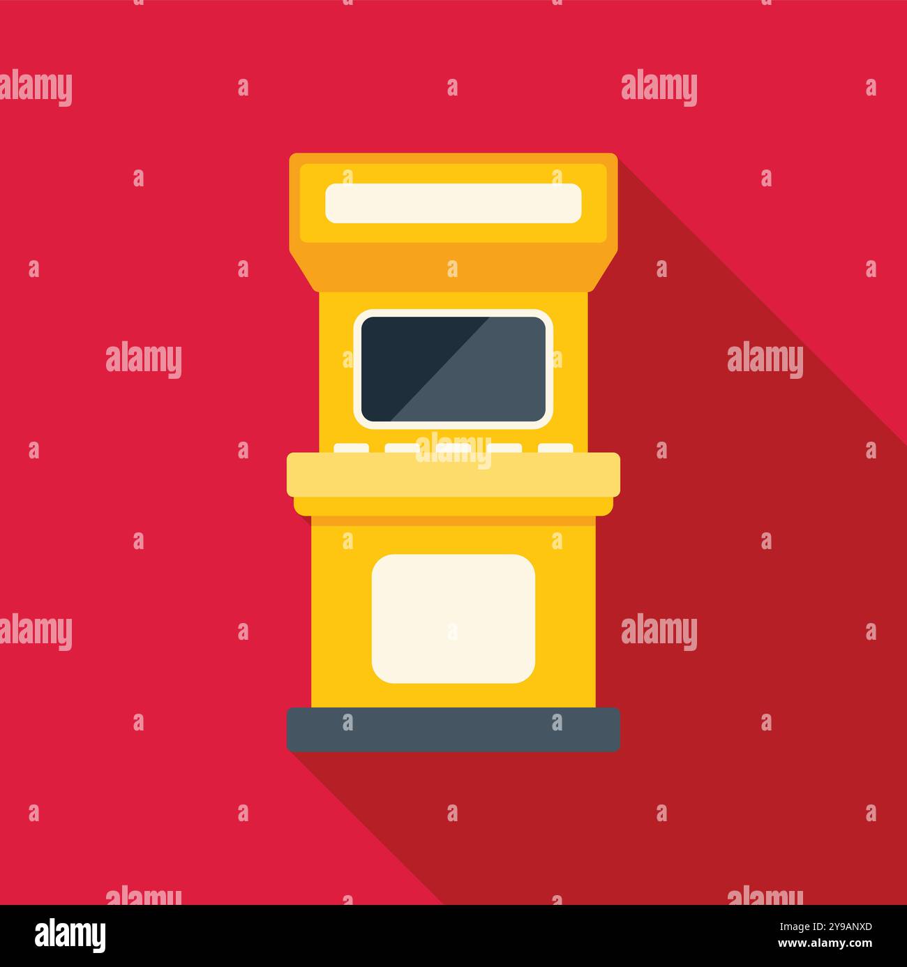 Yellow arcade game machine with joysticks and buttons, on a red ...