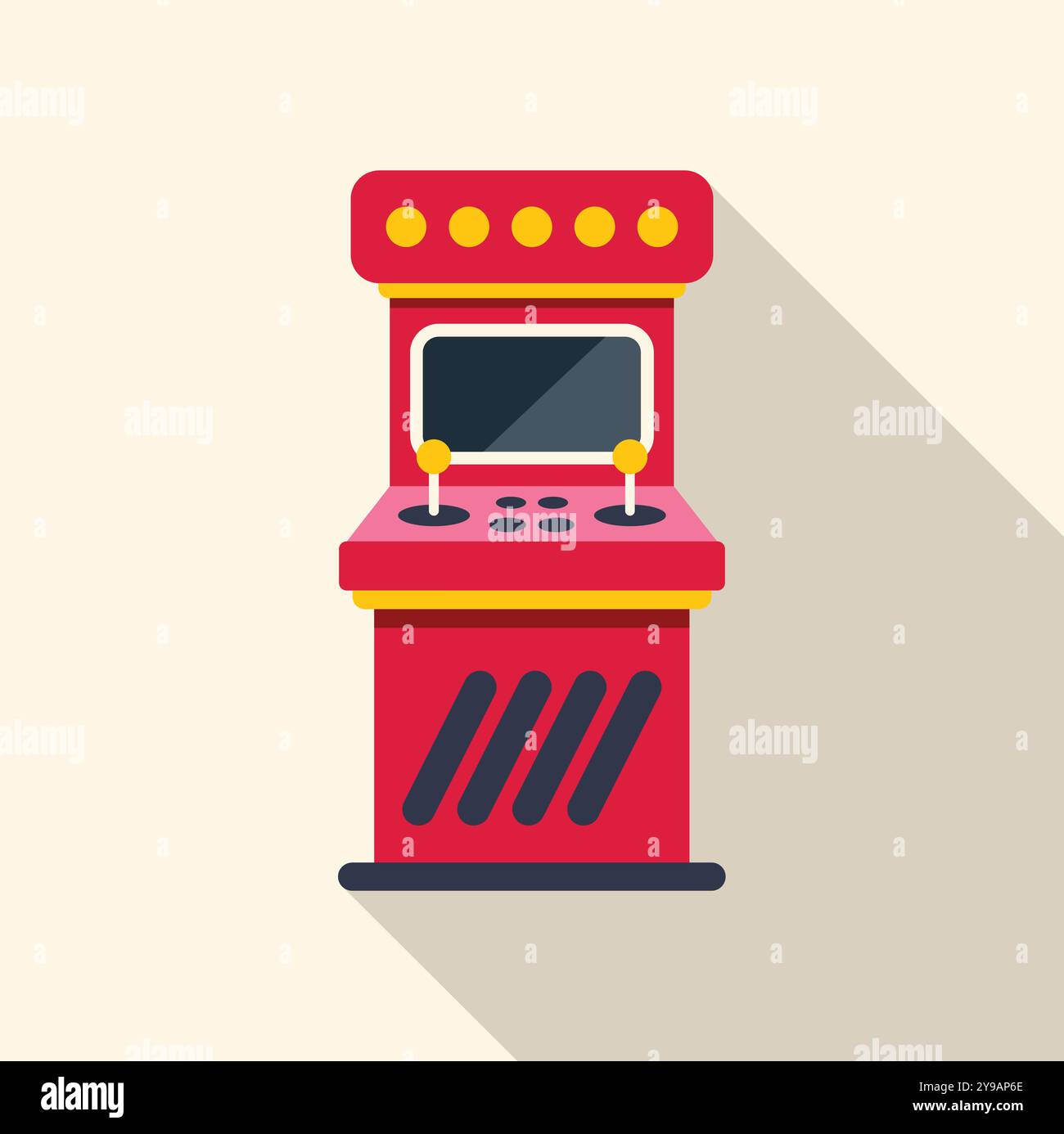 Colorful illustration of a classic arcade game cabinet with joysticks and buttons, waiting for a ...
