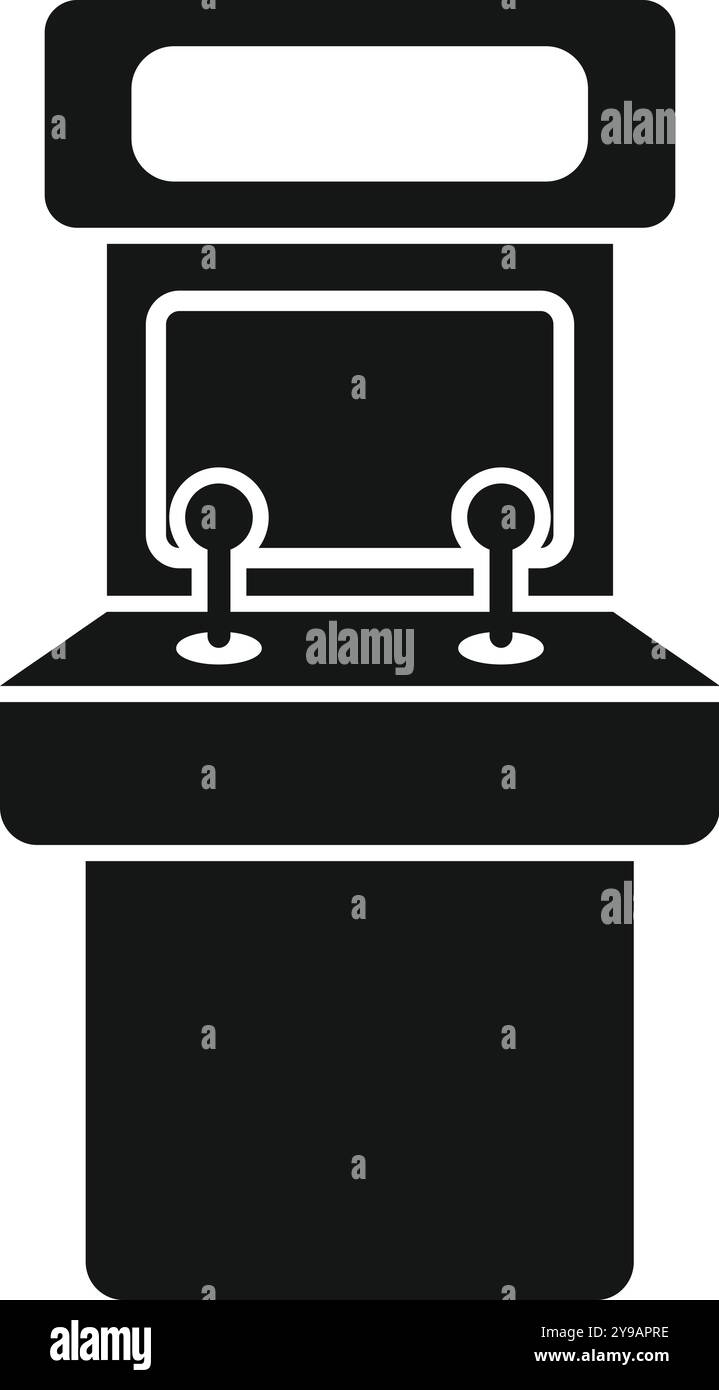 Black silhouette of a classic arcade game machine, featuring two joysticks and a screen, evoking ...